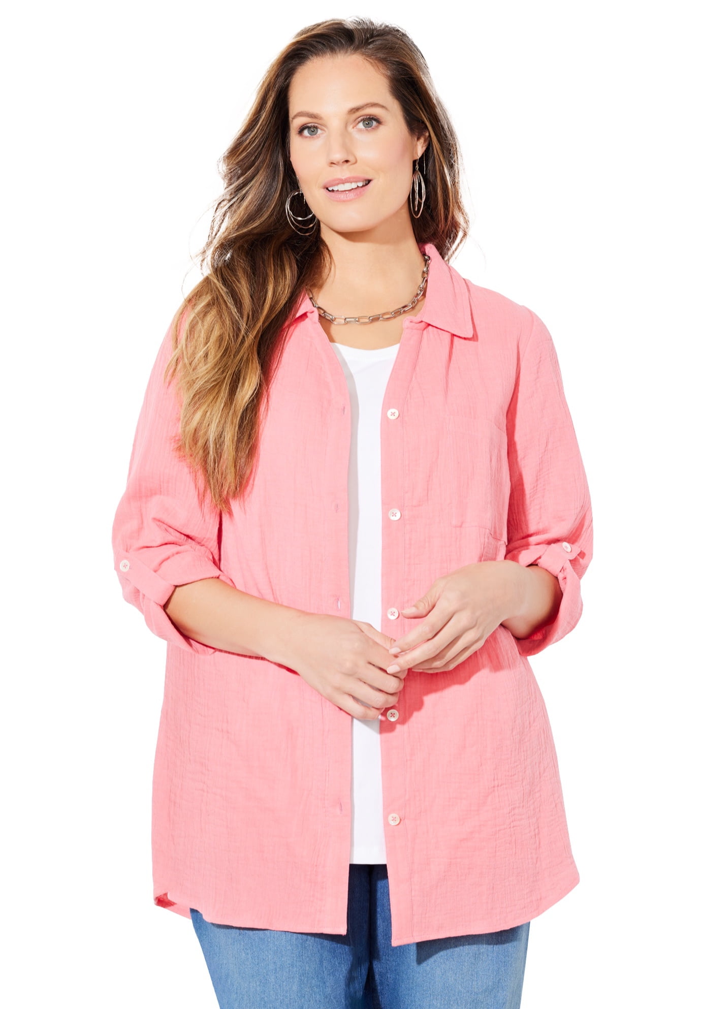Catherines Women's Plus Size Anywear Pucker Cotton Buttonfront Roll Tab ...