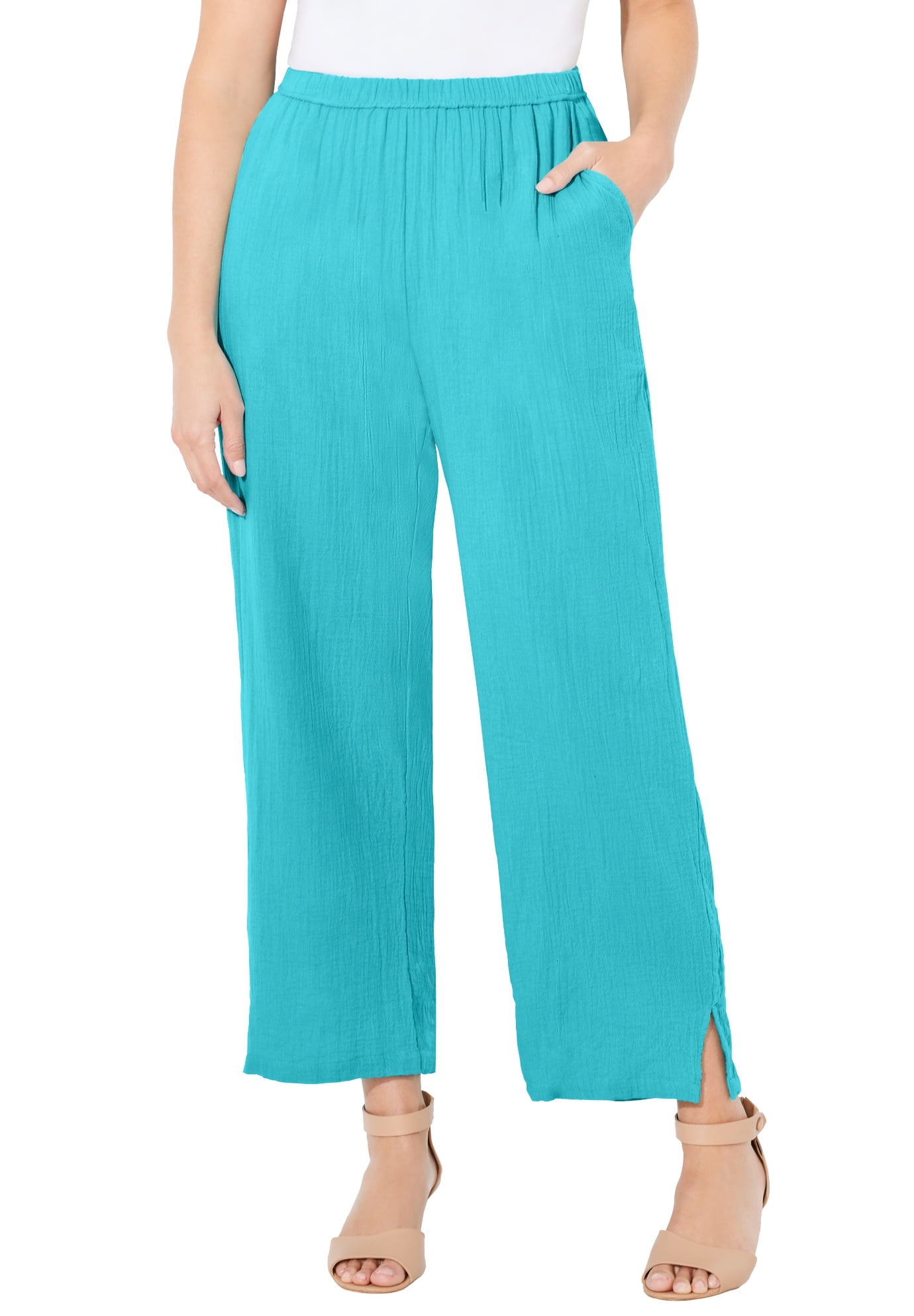 Catherines Women's Plus Size Anywear Pucker Cotton Wide Leg Pant ...