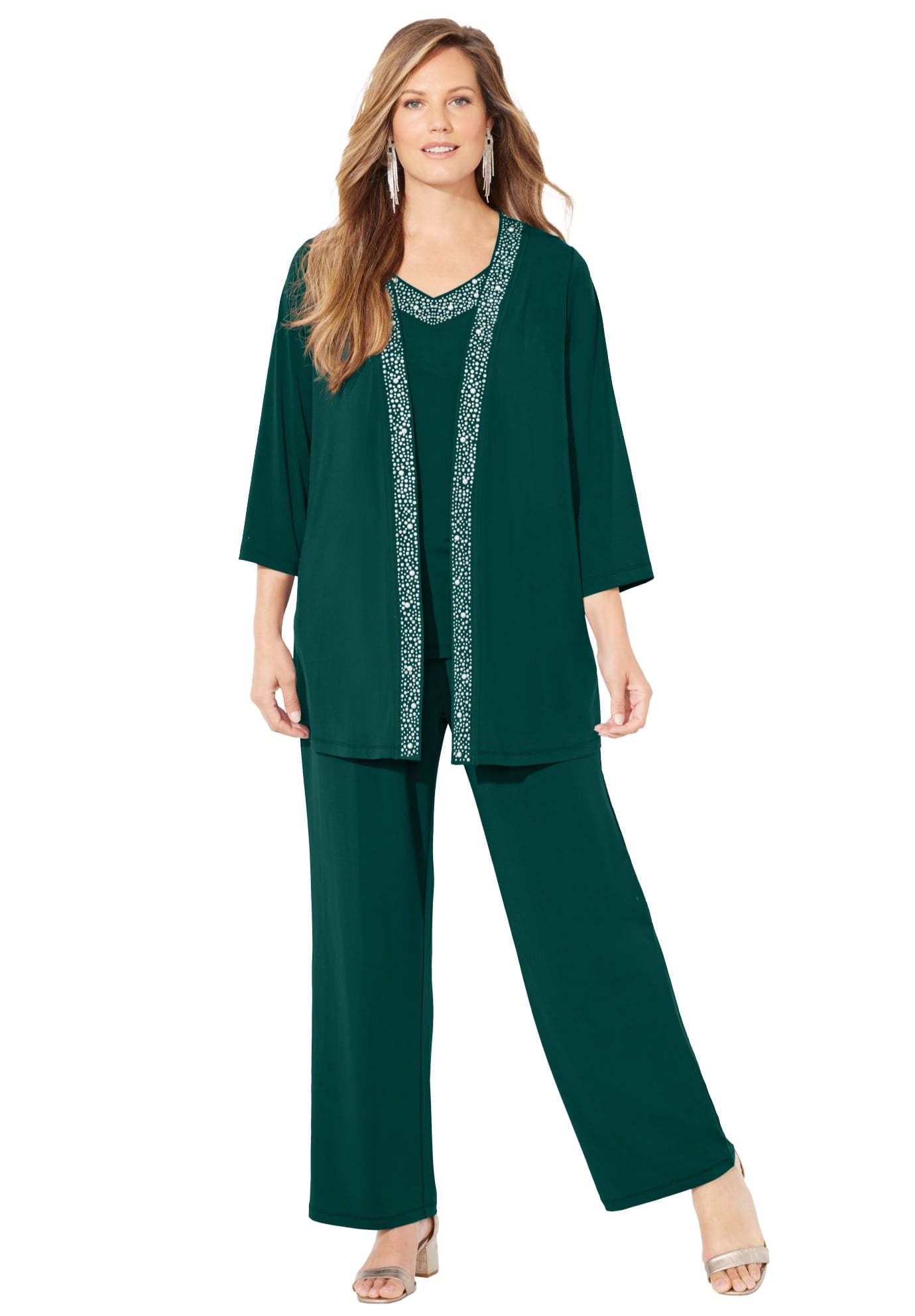 Catherines Women's Plus Size Beaded 3-Piece Cardigan Pant Suit ...