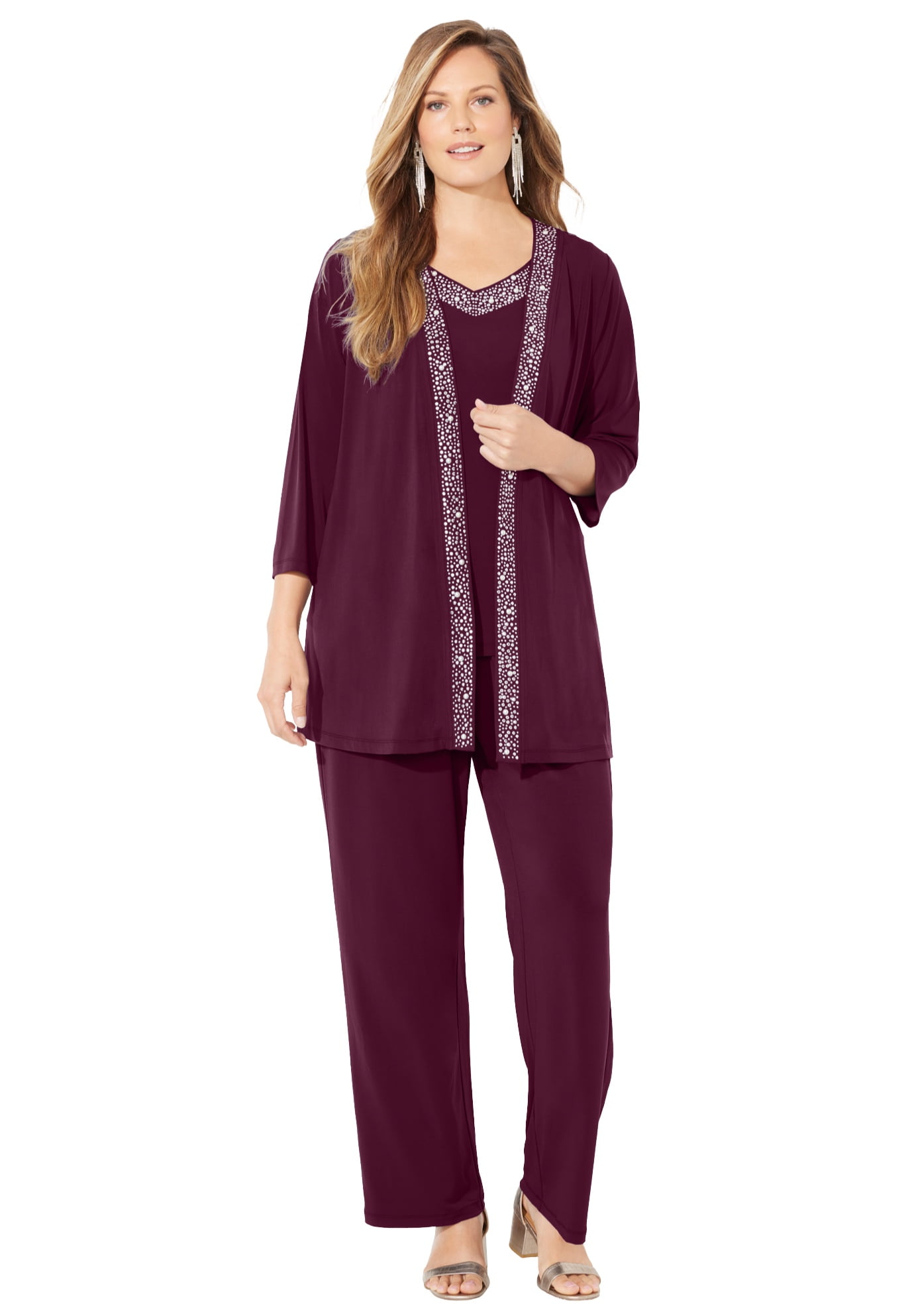 Catherines Women's Plus Size Beaded 3-Piece Cardigan Pant Set - Walmart.com