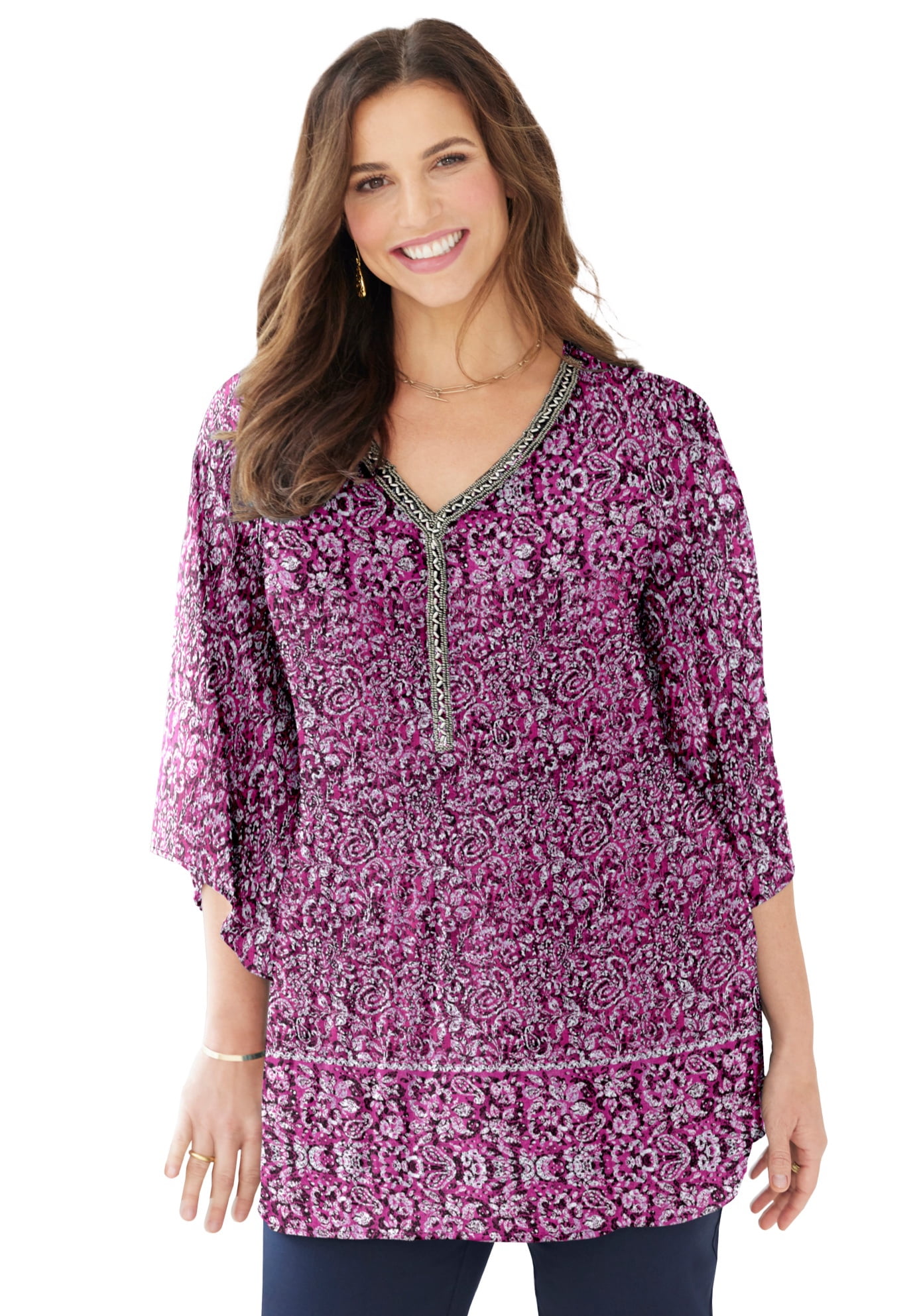 Catherines Women's Plus Size Bejeweled Pleated Blouse - Walmart.com