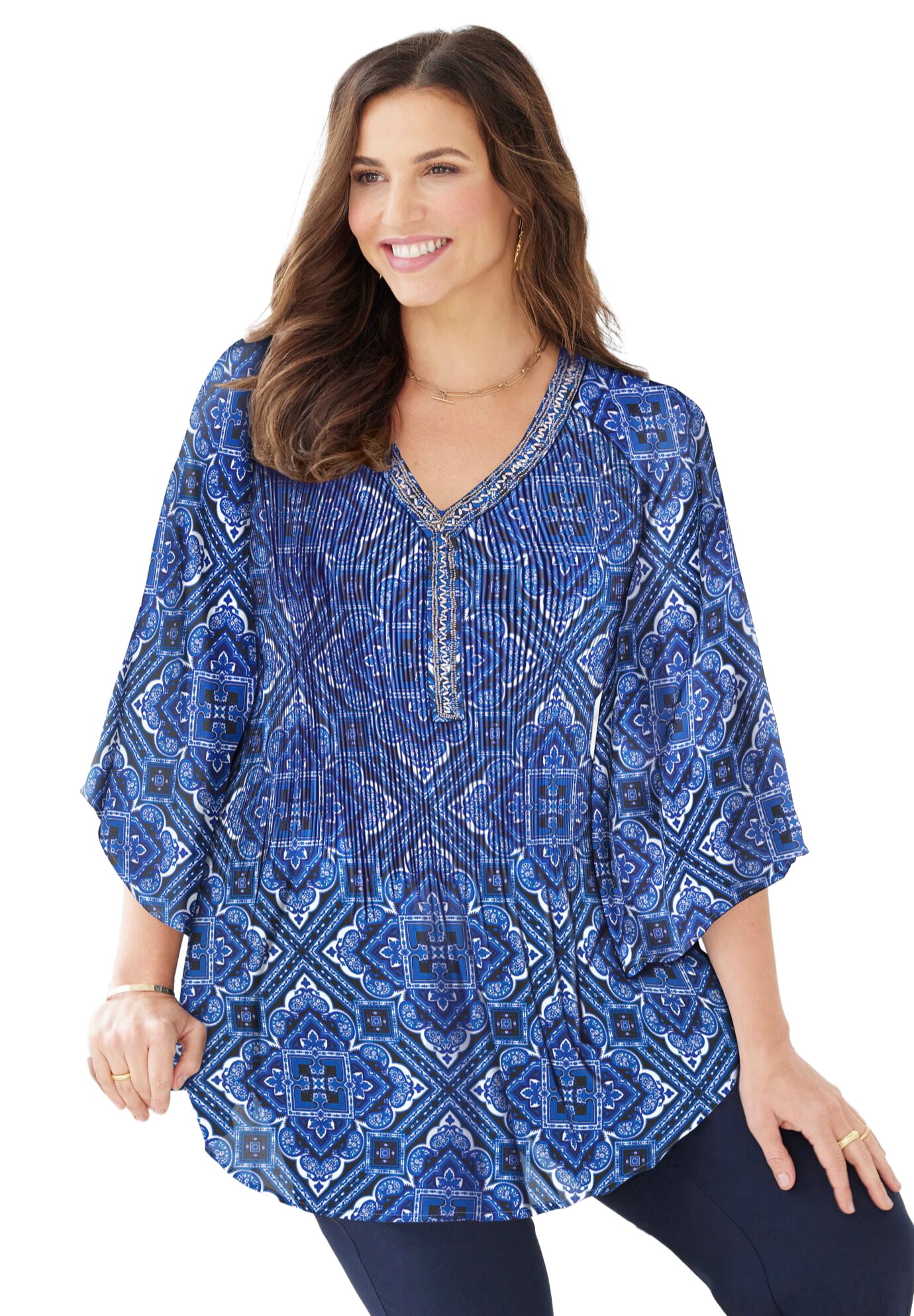 Catherines Women's Plus Size Bejeweled Pleated Blouse - Walmart.com