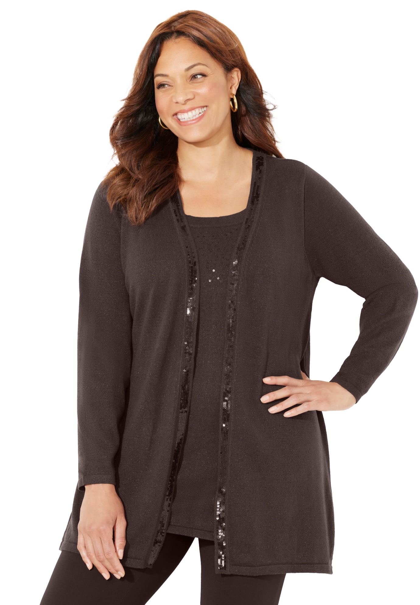 Catherines Women's Plus Size Sequin Trim Tank Cardigan Duet - Walmart.com