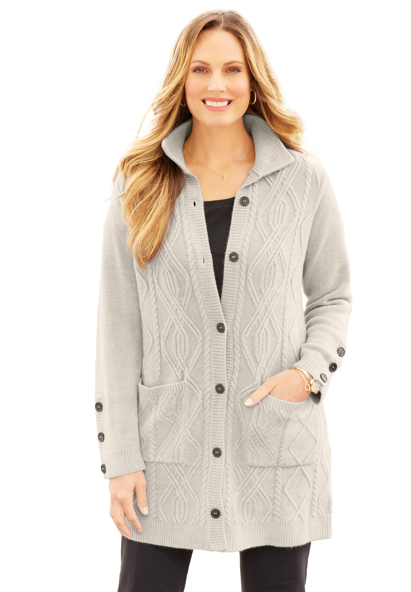 Catherines Women's Plus Size Cashmiracle; Buttonfront Cable Cardigan ...