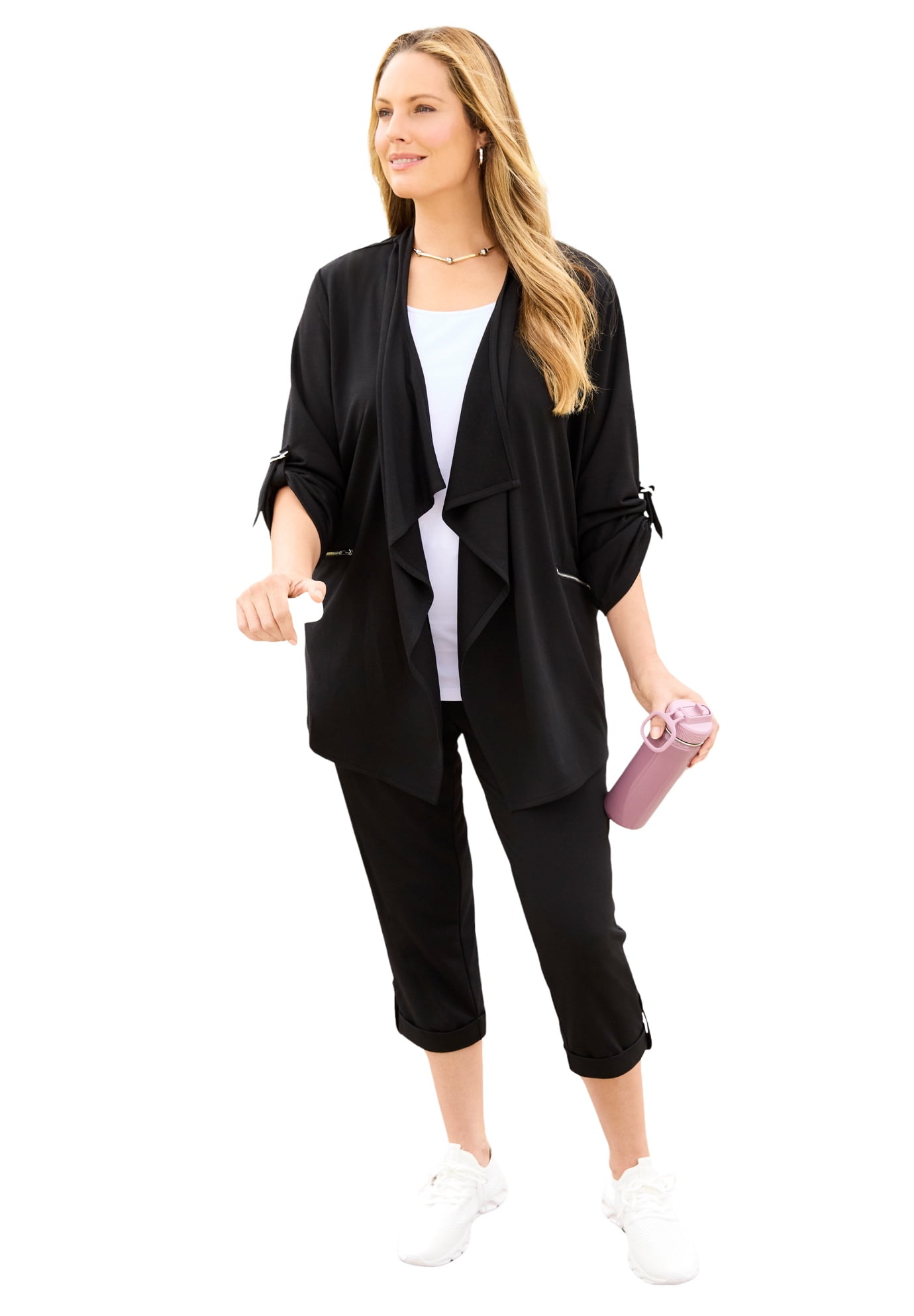Catherines Women's Plus Size Cloud Knit French Terry Roll Tab Capri ...