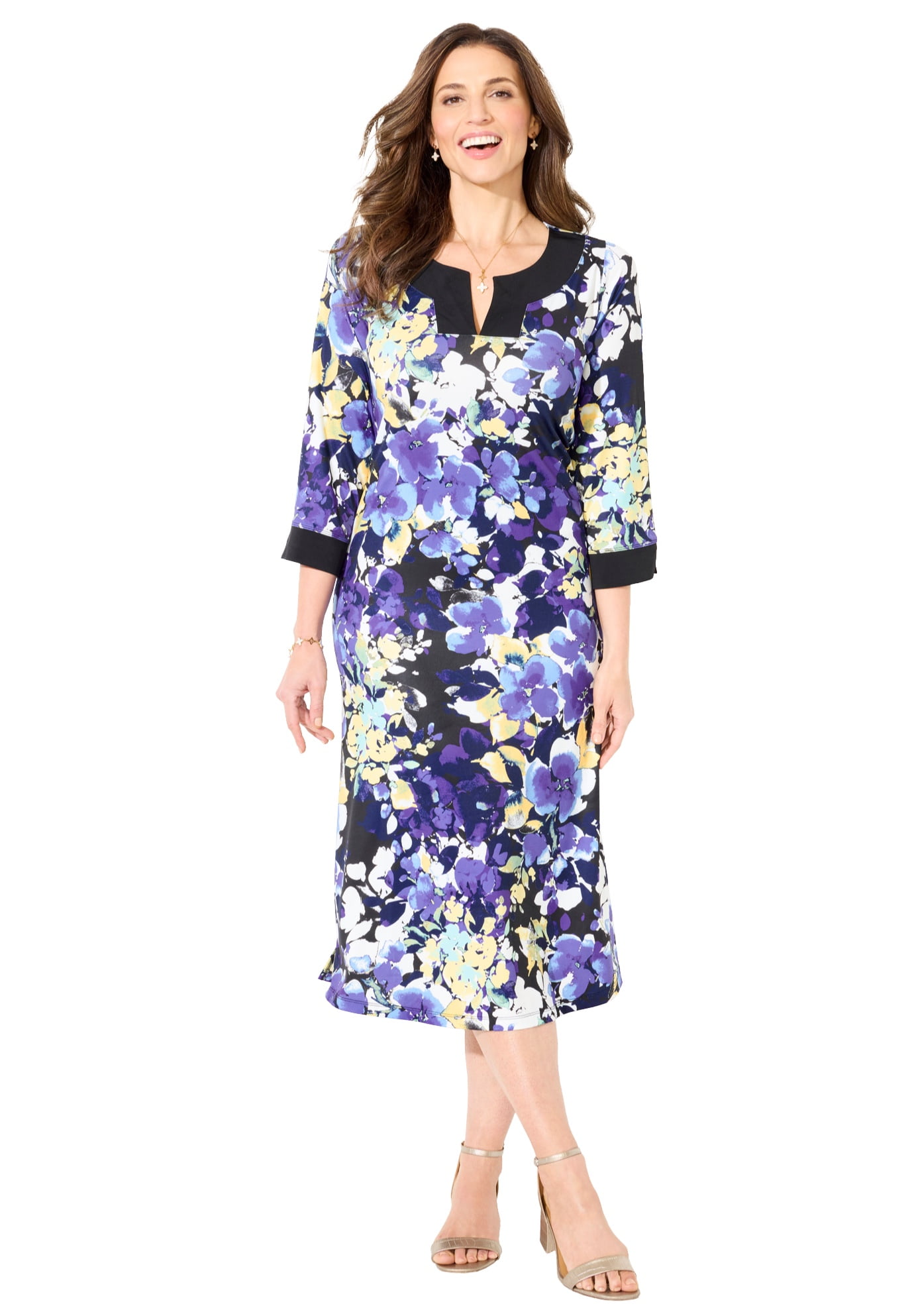 Catherines Women's Plus Size Contrast Border Notch Shift Dress ...