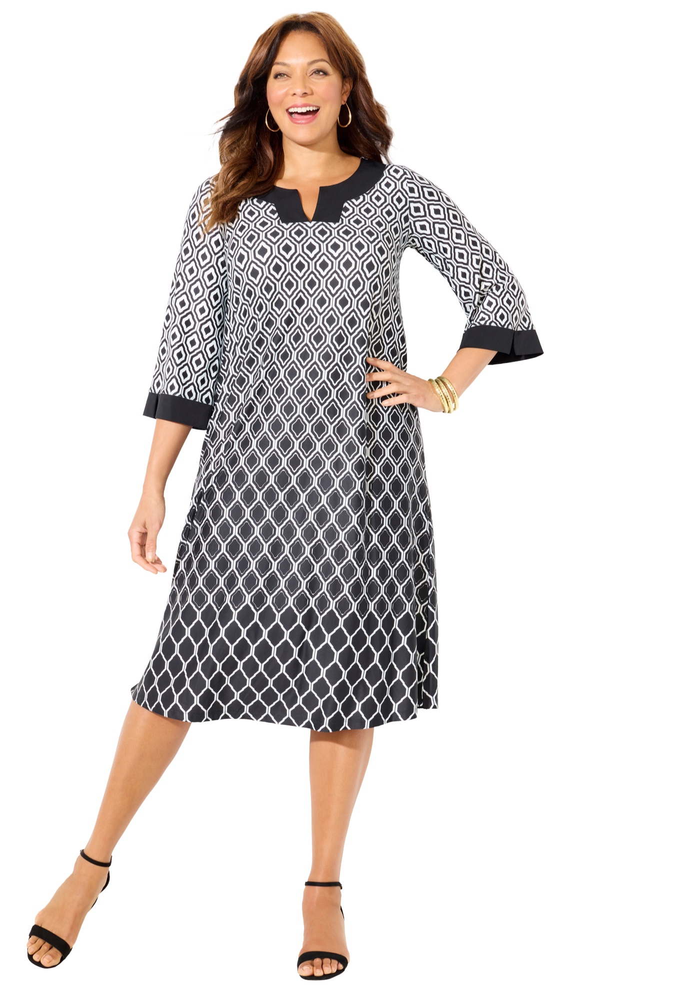 Catherines Women's Plus Size Contrast Border Notch Shift Dress ...