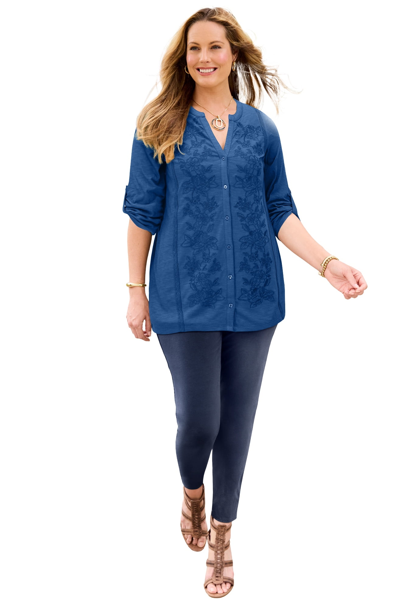 Catherines Women's Plus Size Embroidered Buttonfront Tunic - Walmart.com