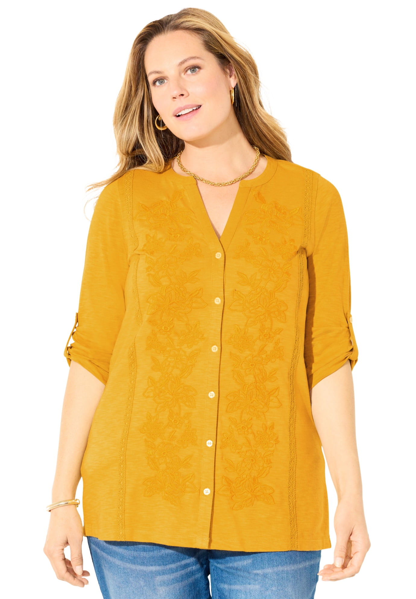 Catherines Women's Plus Size Embroidered Buttonfront Tunic - Walmart.com