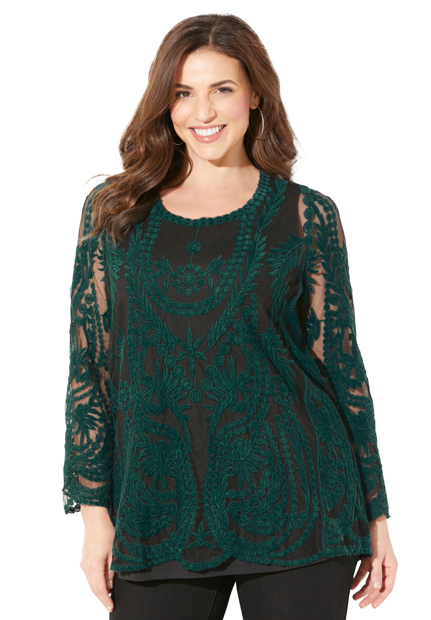 Catherines Women's Plus Size Embroidered Mesh Top - Walmart.com