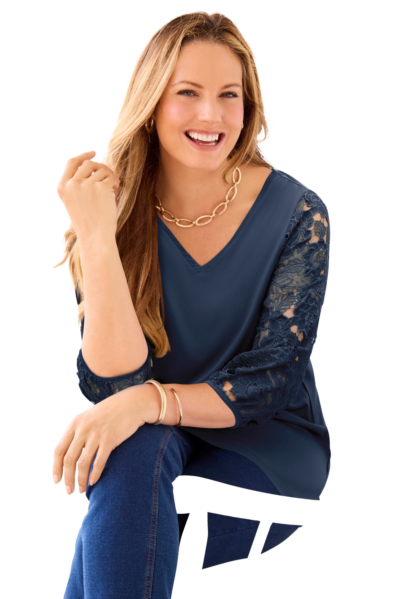 Catherines Women's Plus Size Eyelet Sleeve V-Neck Top - Walmart.com