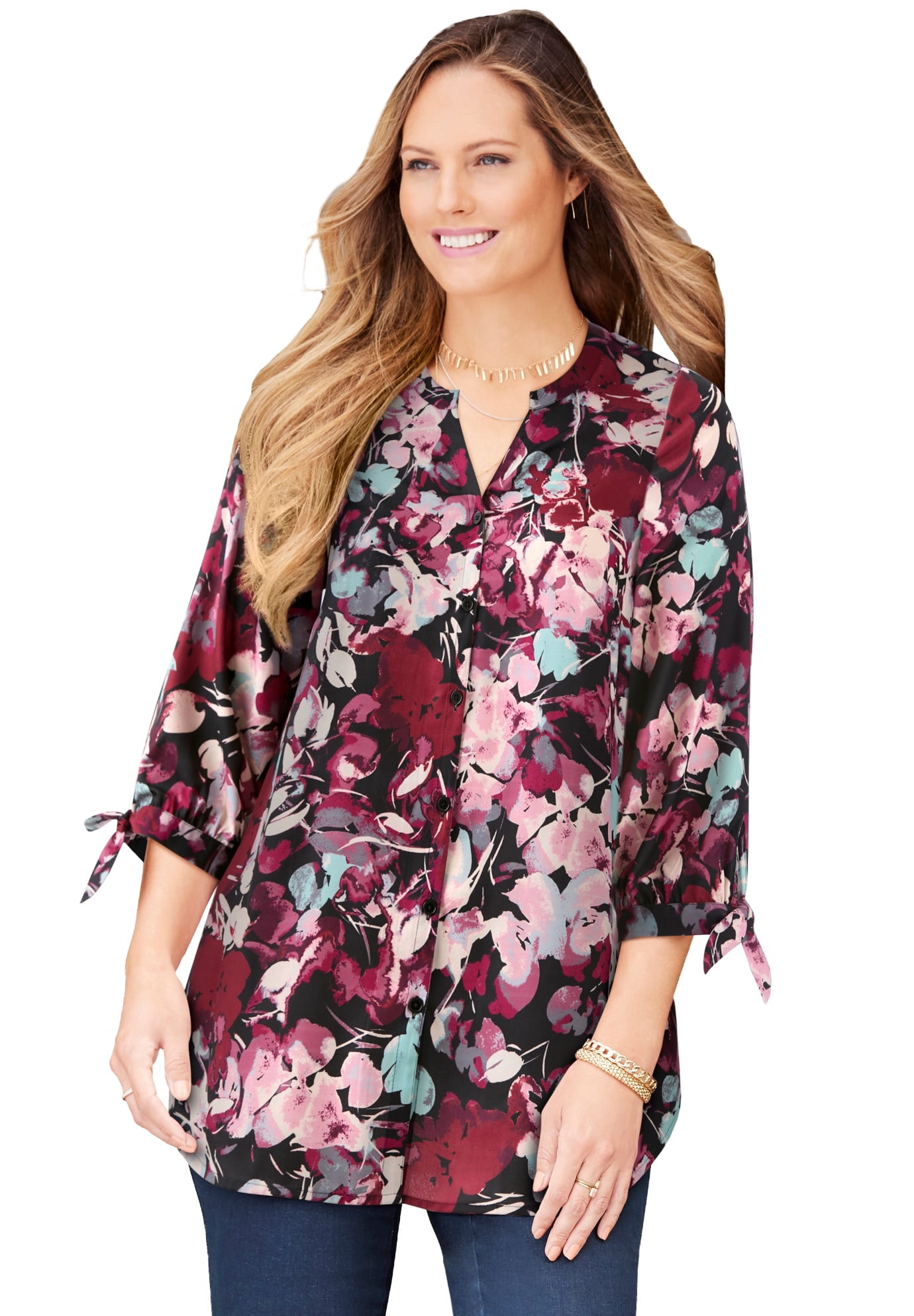 Catherines Women's Plus Size Georgette Button Down Tie Sleeve Cafe ...