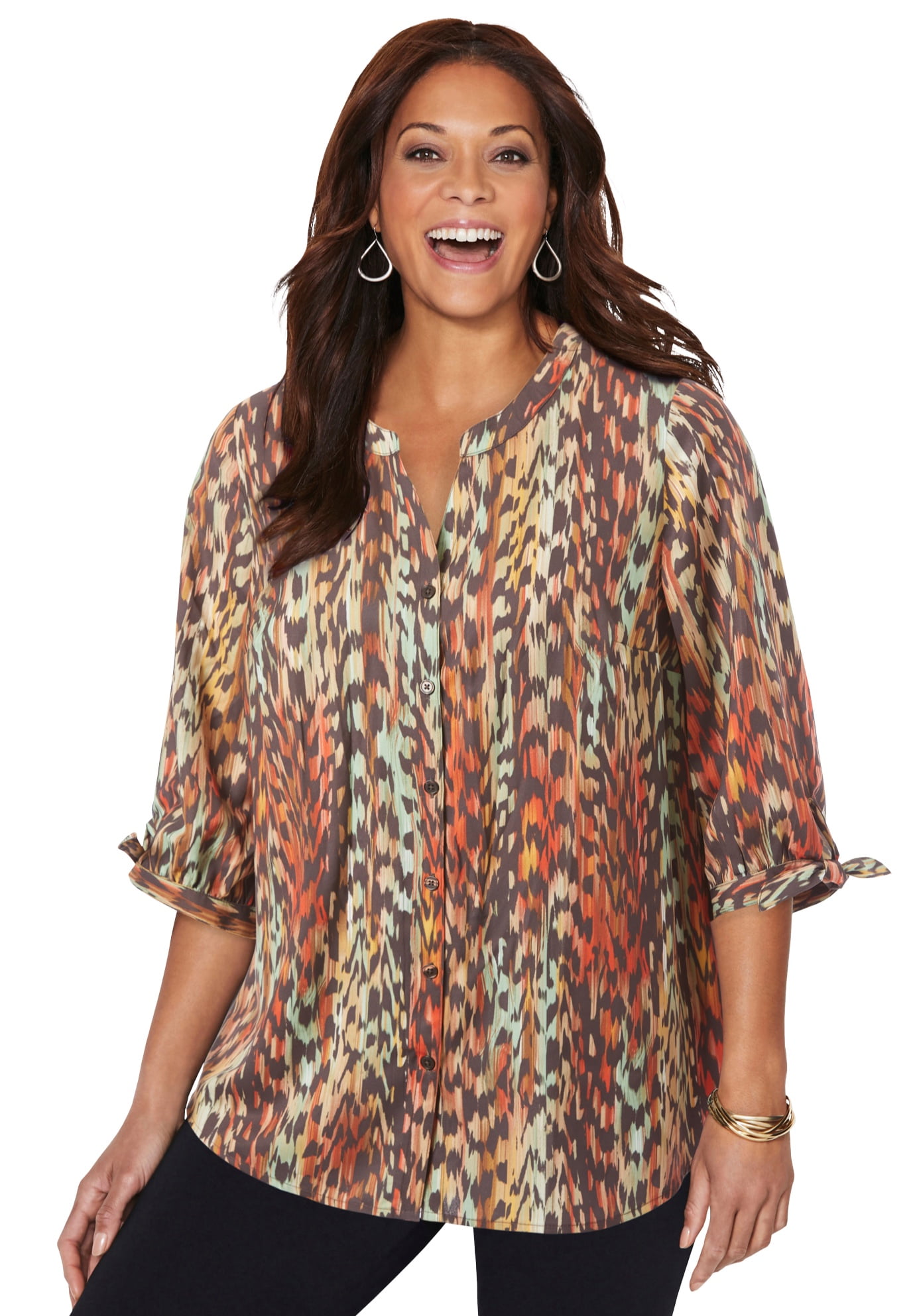 Catherines Women's Plus Size Georgette Button Down Tie Sleeve Cafe ...