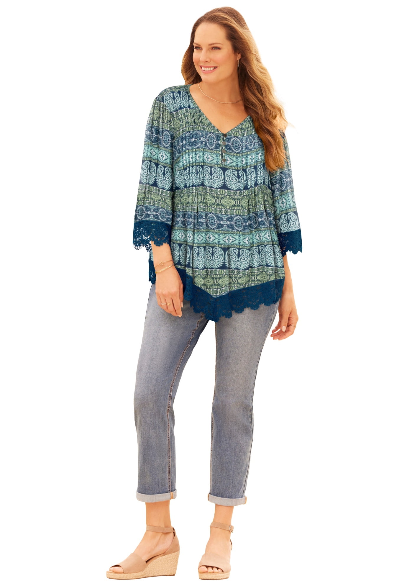 Catherines Women's Plus Size Lace Trim Gauze Blouse - Walmart.com