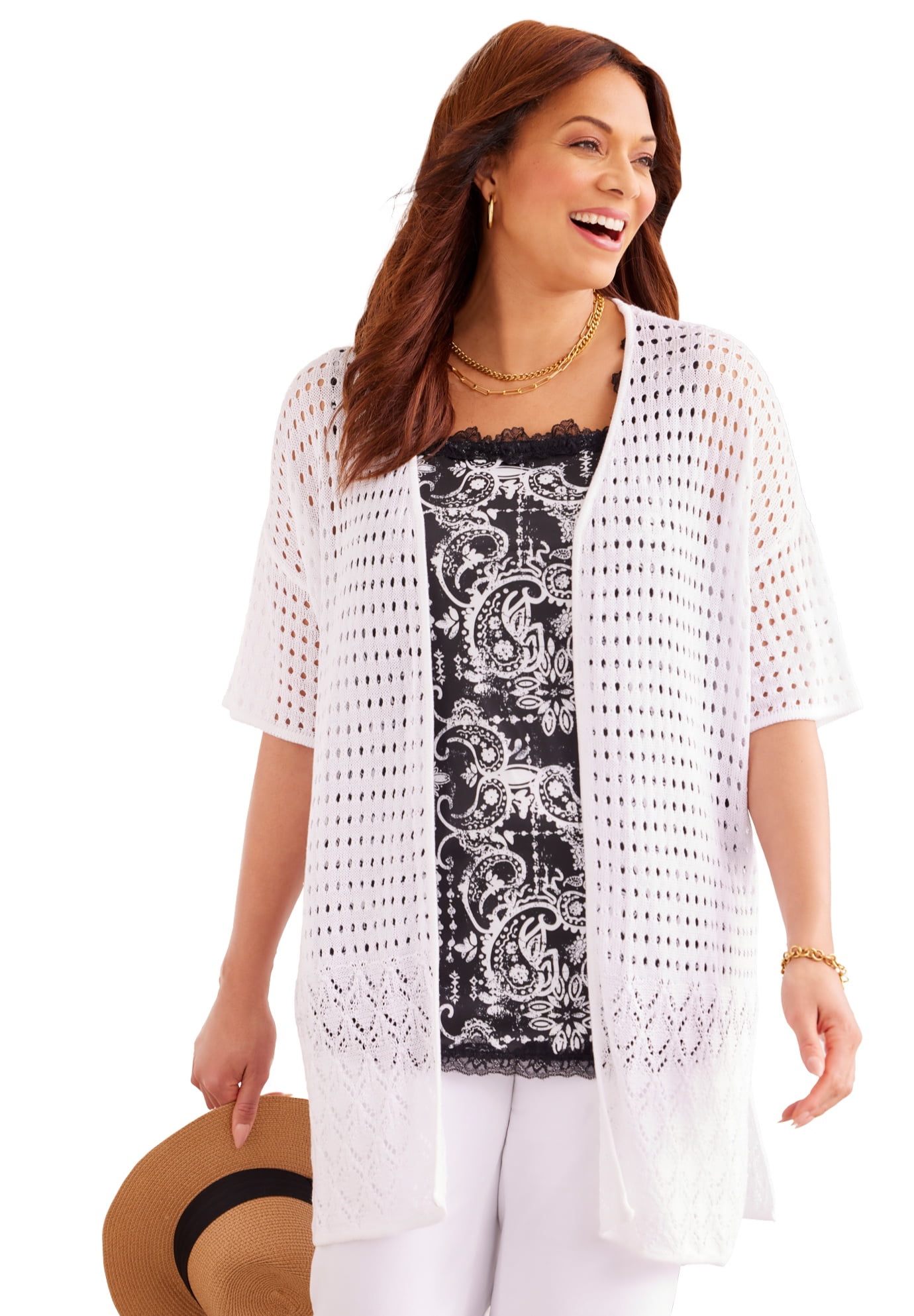 Catherines Women's Plus Size Open Crochet Short Sleeve Cardigan ...