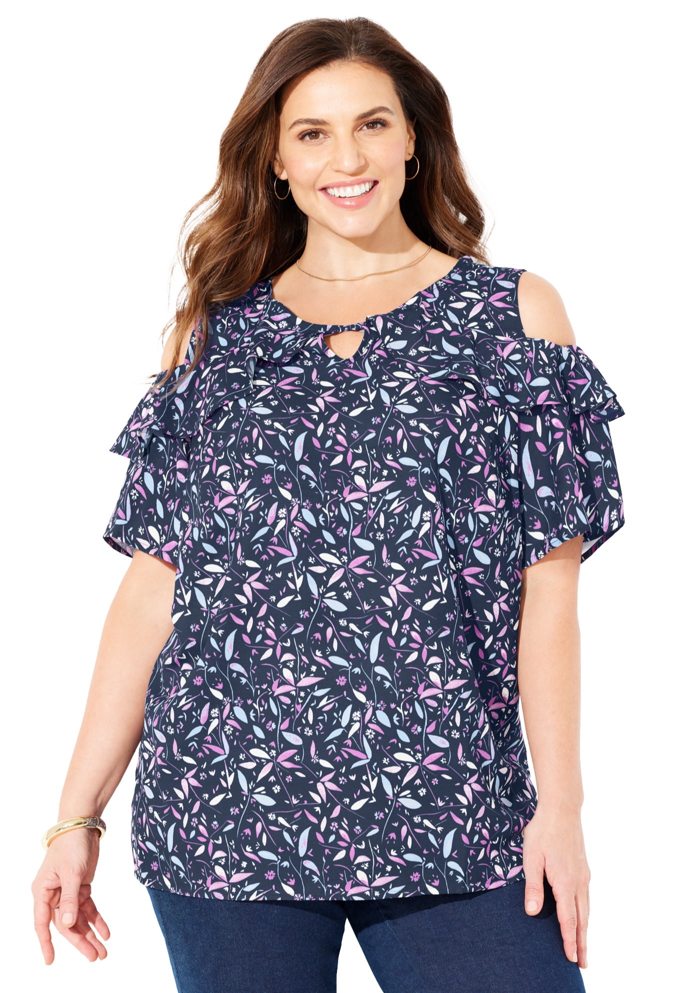 Catherines Women's Plus Size Open-Shoulder Georgette Top - 5X, Navy ...
