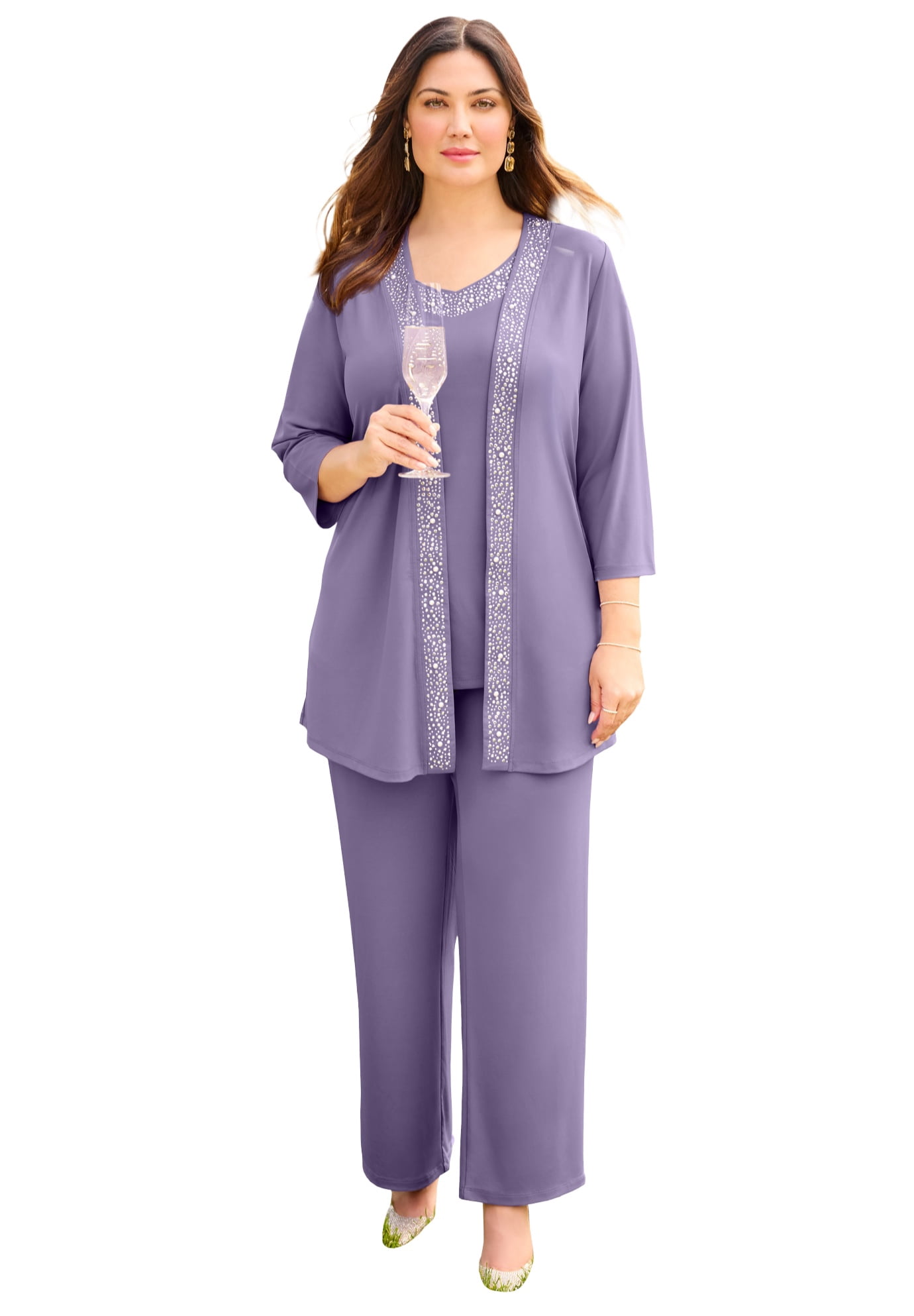 Catherines Women's Plus Size Petite Beaded 3-Piece Cardigan Pant Suit ...