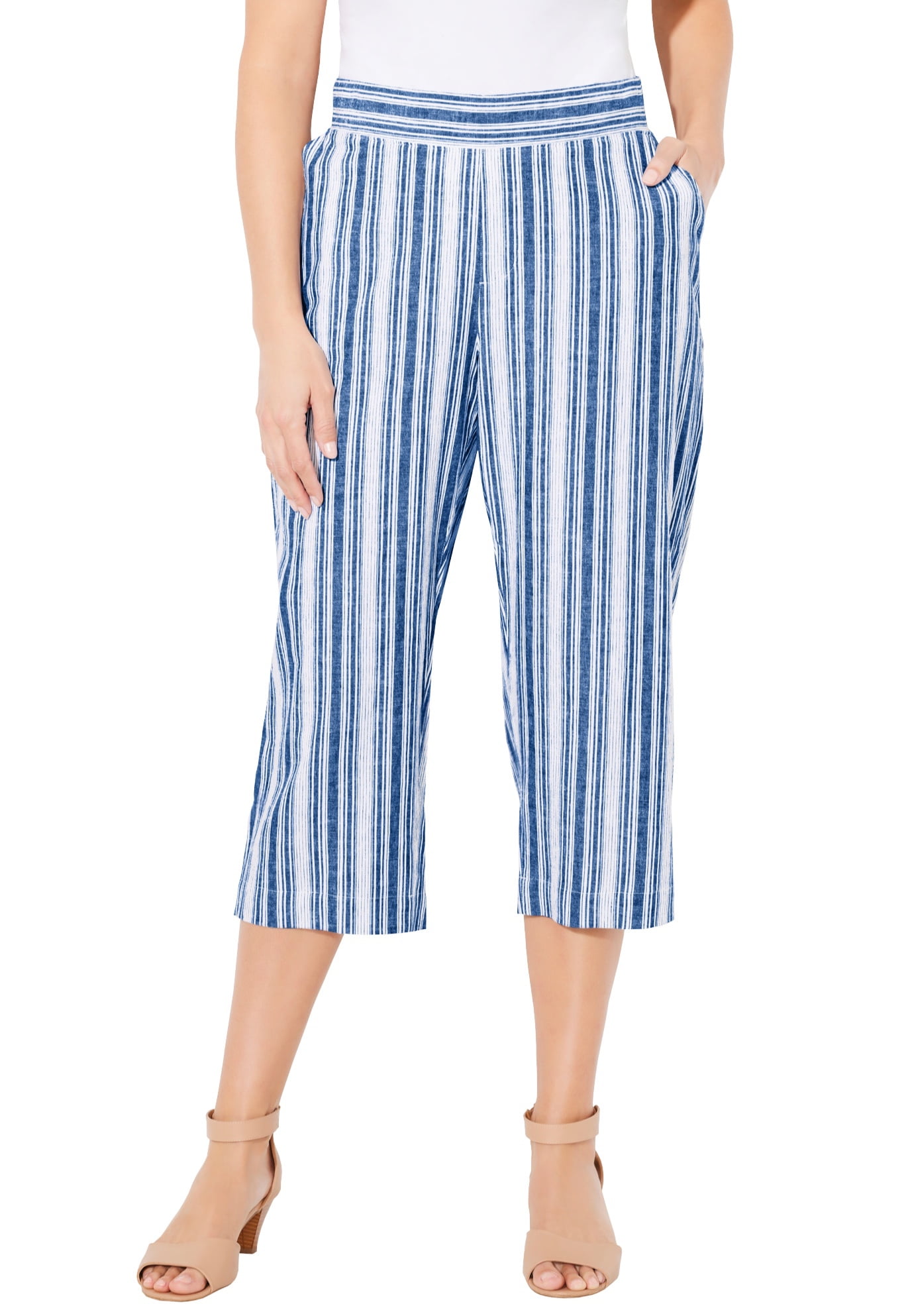 Catherines Women's Plus Size Petite Flat Front Linen Capri - Walmart.com