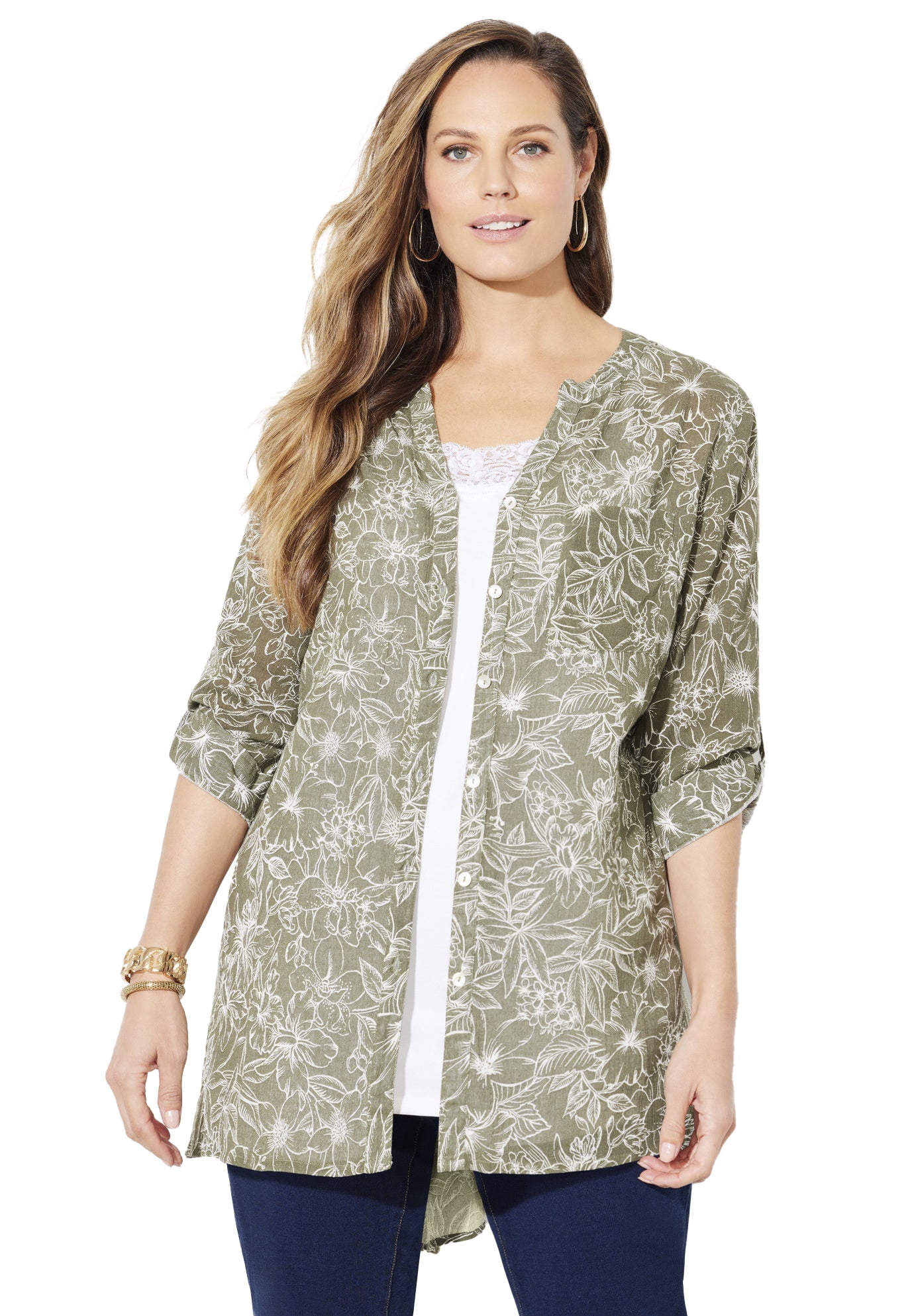 Catherines Women's Plus Size Petite Mandarin Collar Gauze Tunic ...