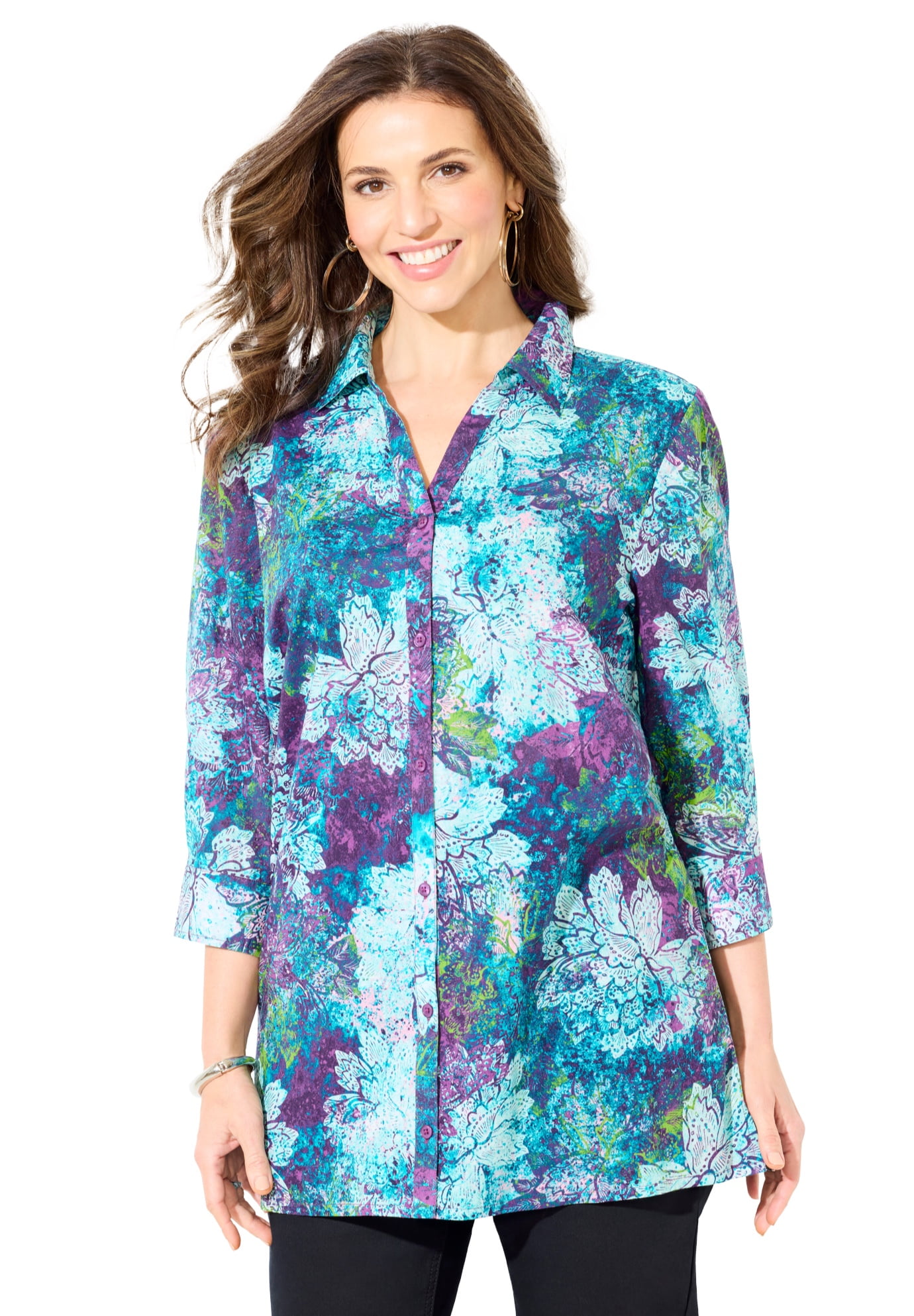 Catherines Women's Plus Size Petite Print Buttonfront Shirt - Walmart.com