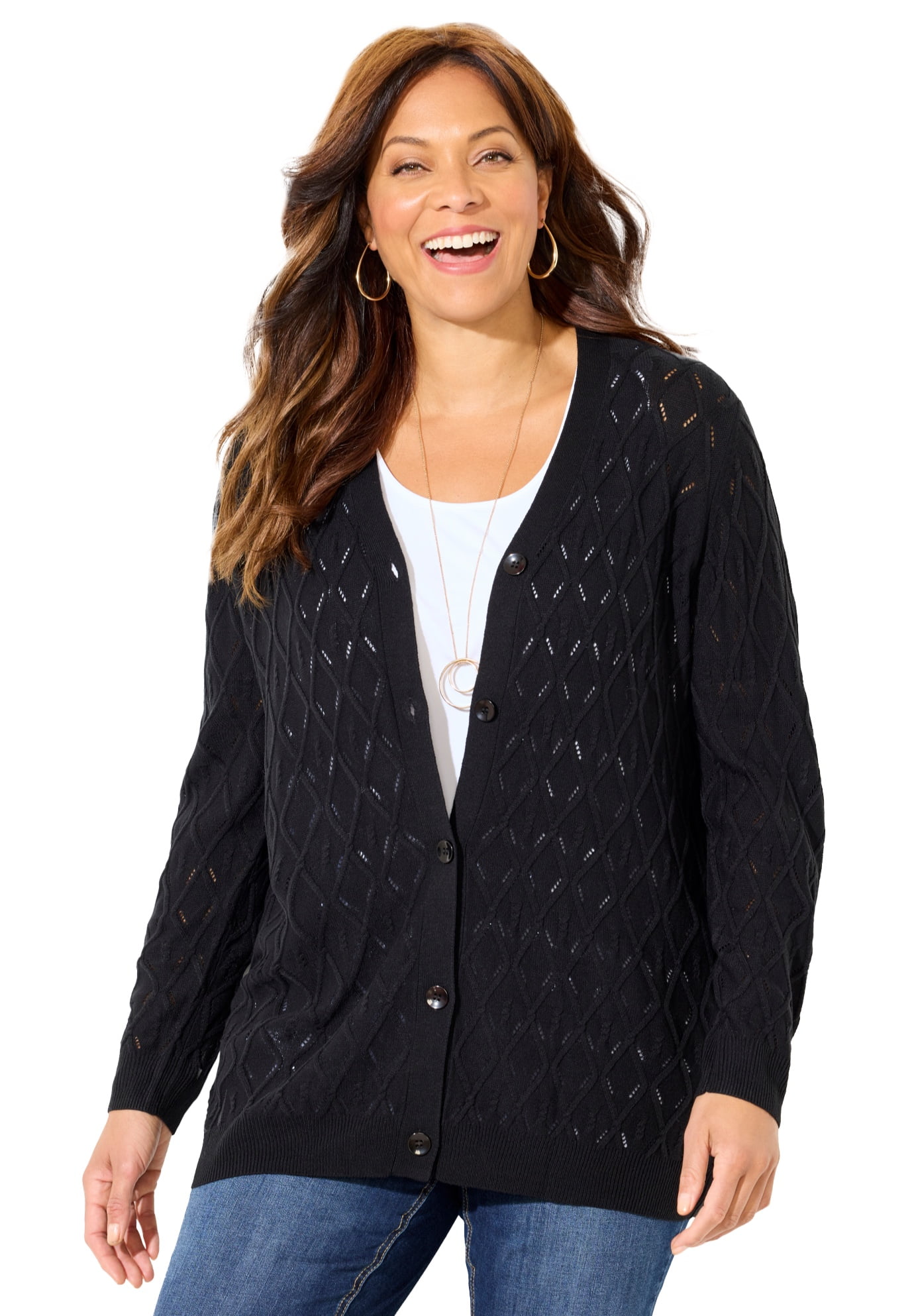 Catherines Women's Plus Size Pointelle V-Neck Cardigan - Walmart.com