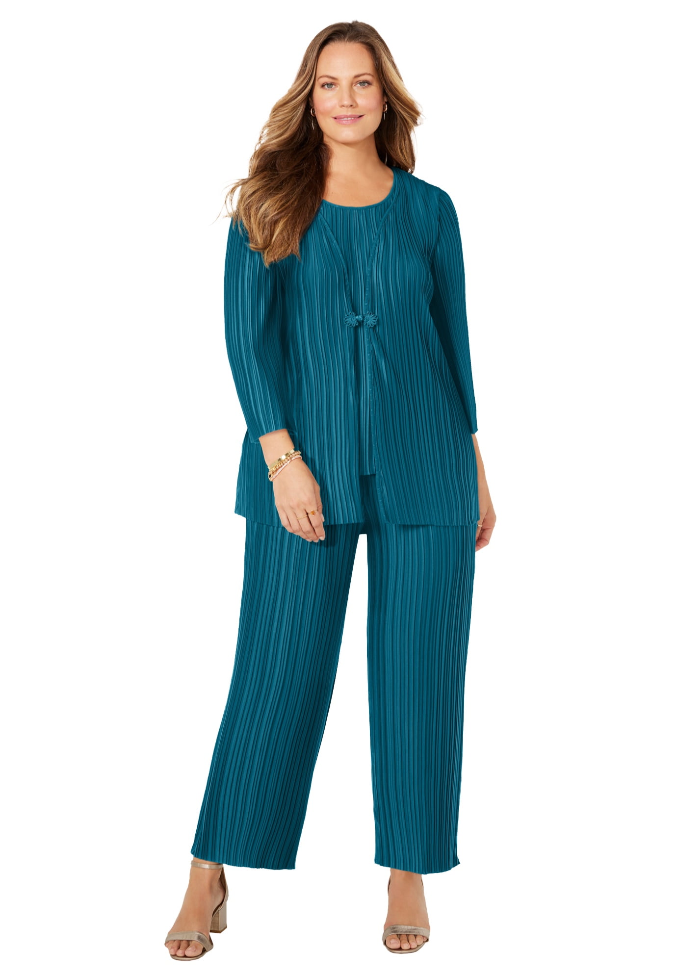 Catherines Women's Plus Size Shiny Pleated Knit 3-Piece Pant Set ...