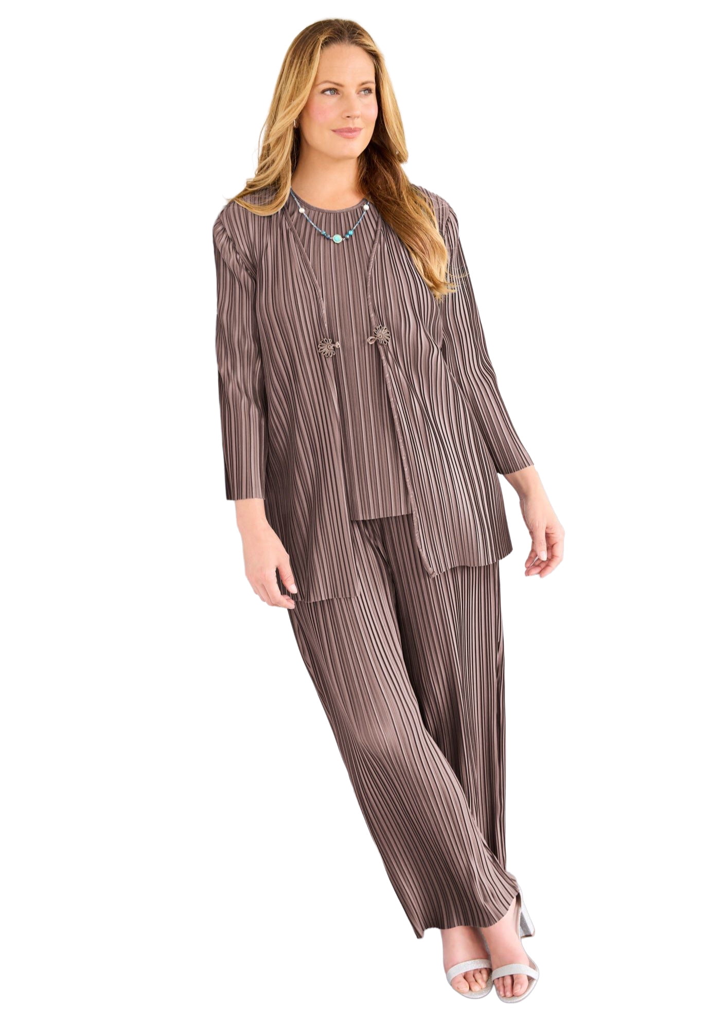 Catherines Women's Plus Size Shiny Pleated Knit 3-Piece Pant Set ...