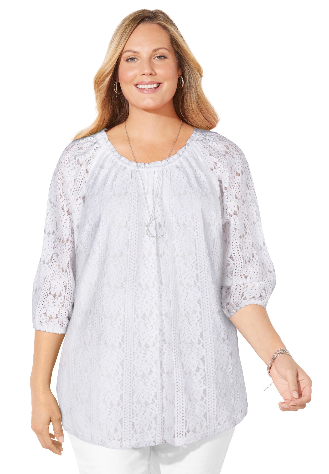 Catherines Women's Plus Size Stretch Lace Peasant Blouse - Walmart.com