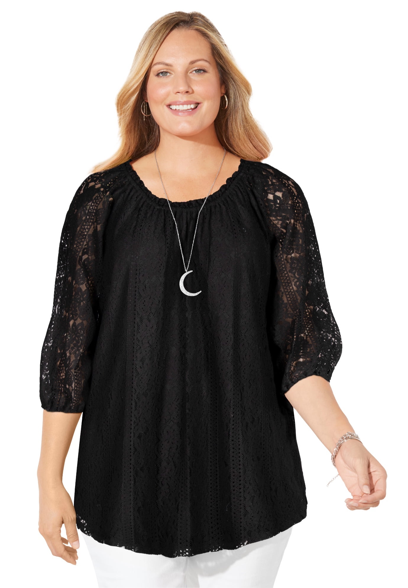 Catherines Women's Plus Size Stretch Lace Peasant Blouse - Walmart.com