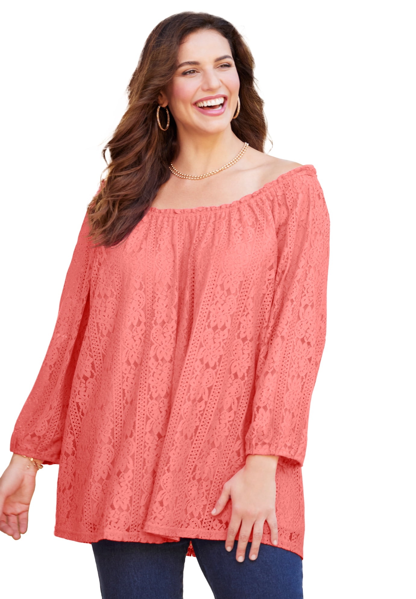 Catherines Women's Plus Size Stretch Lace Peasant Blouse - Walmart.com