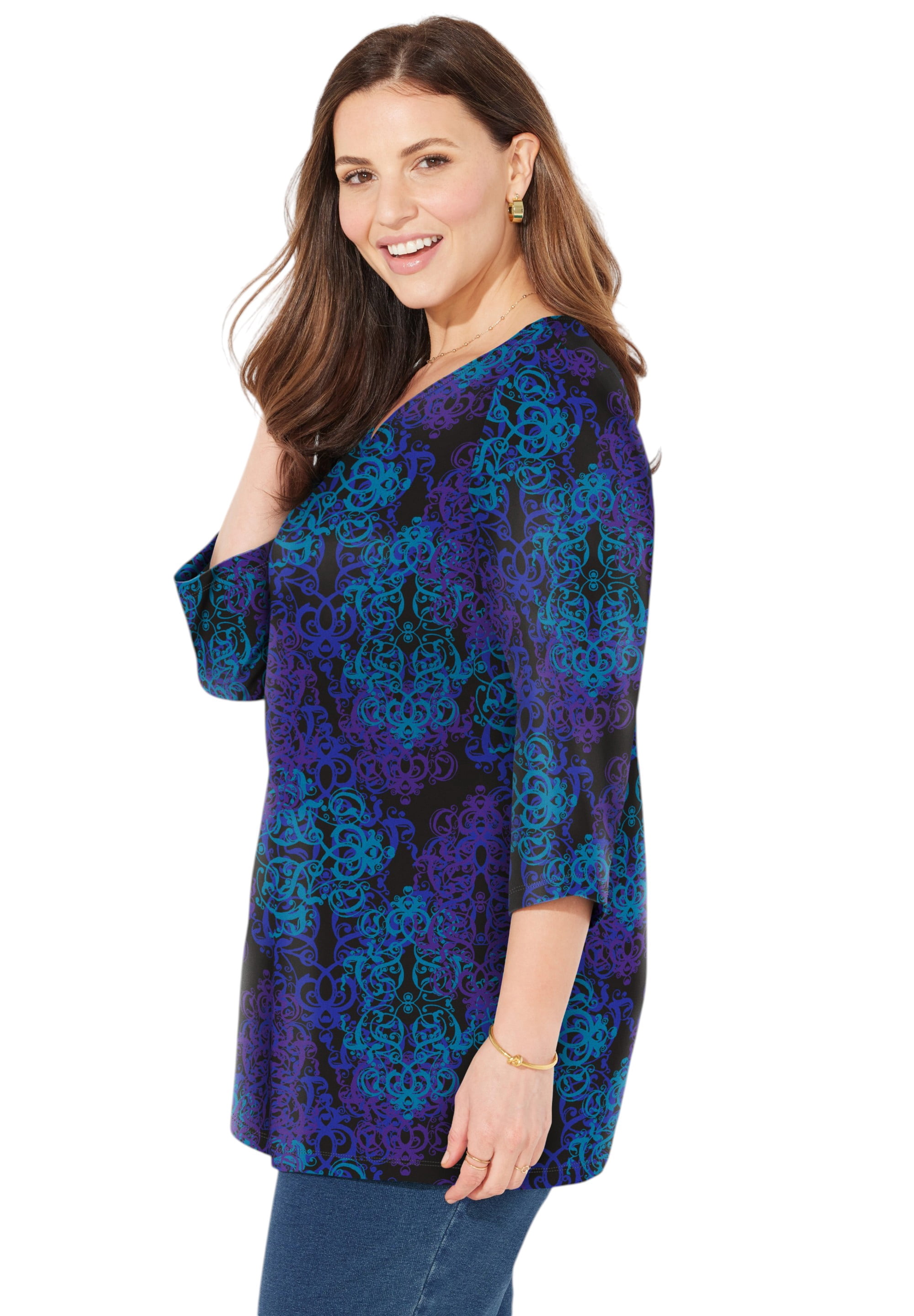 Catherines Women's Plus Size Suprema 3/4 Sleeve V-Neck Tee - Walmart.com