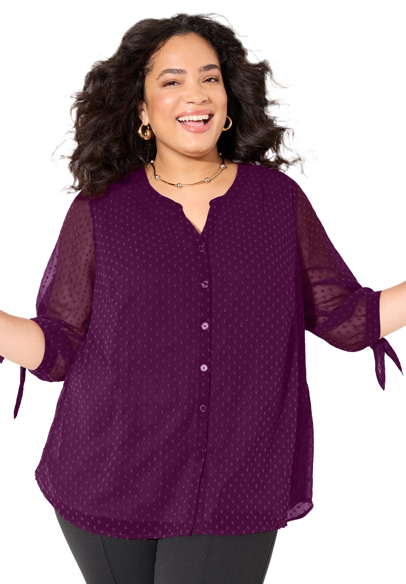 Catherines Women's Plus Size Swiss Dot Tie Sleeve Blouse - Walmart.com
