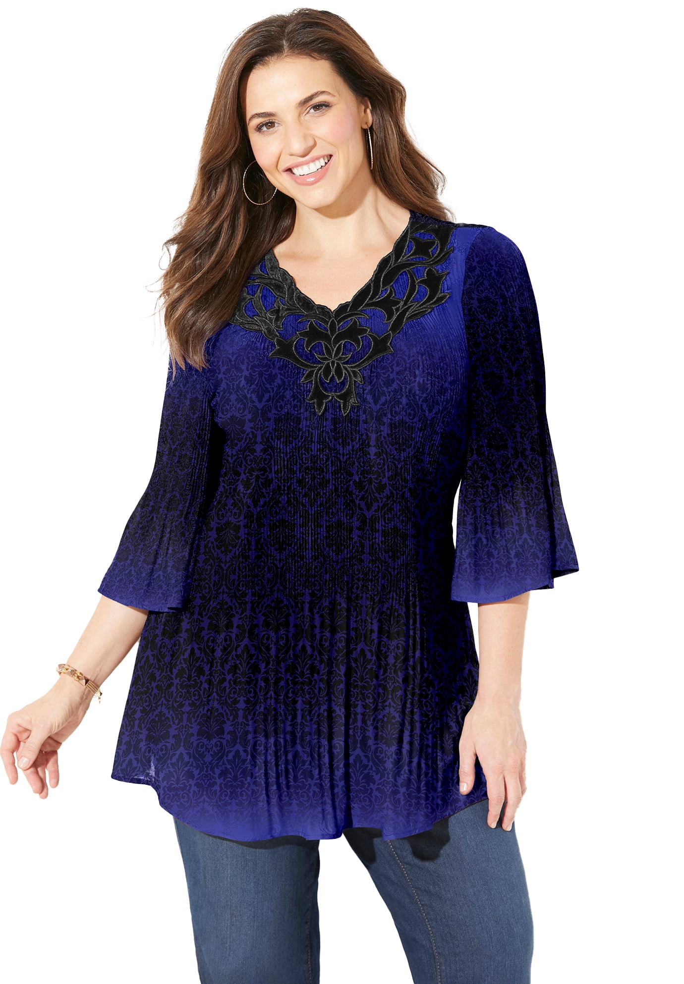 Catherines Women's Plus Size Velvet Trim Pleated Blouse - Walmart.com
