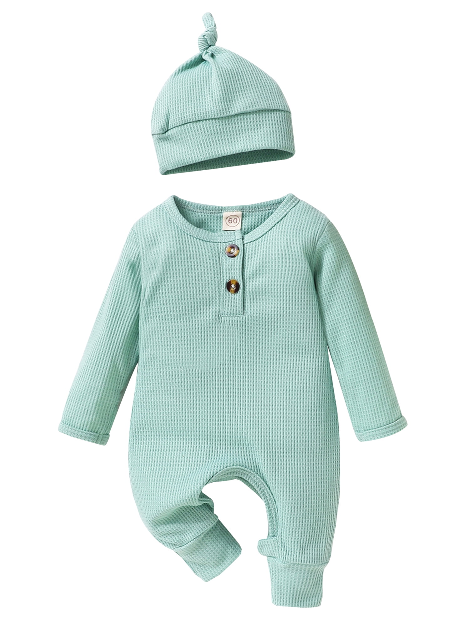 Cathery Infant Baby Boy Girl Romper Clothes Newbron One-Piece Romper Hat Set Solid Knit Ribbed ...