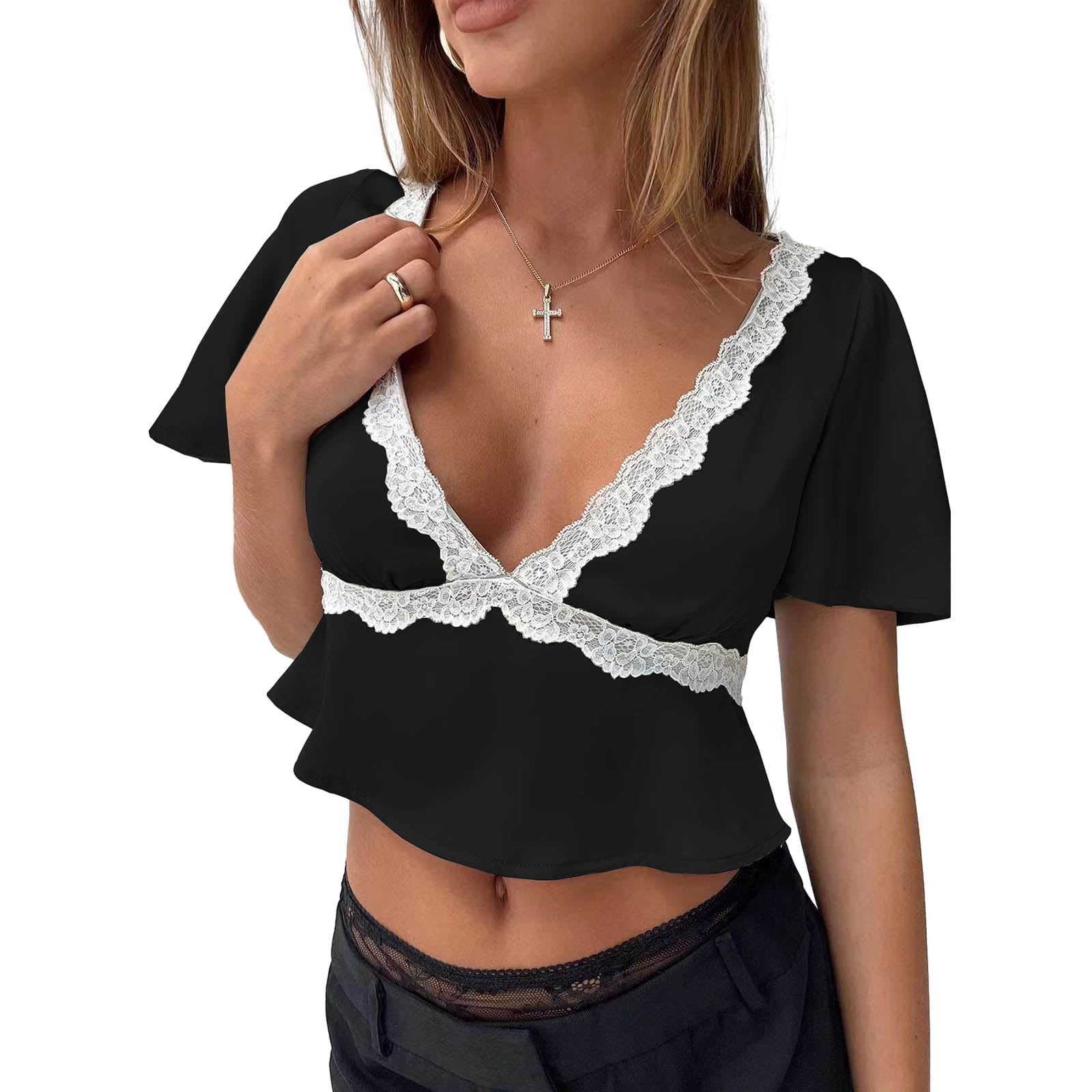 Cathery Women Satin Crop Tops Lace Border V-neck Short Sleeve Tank Tops ...