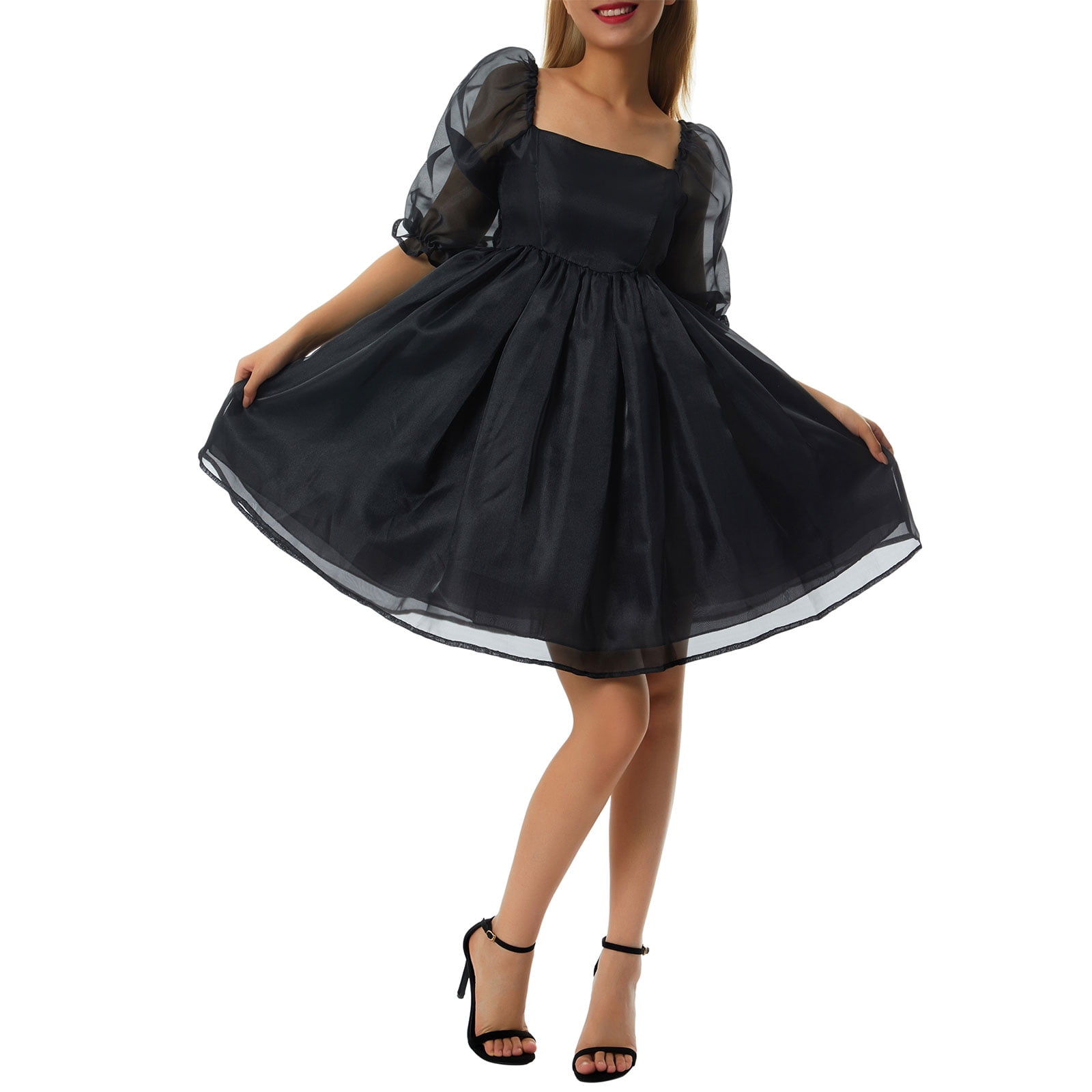 Cathery Women Short Puff Sleeve Mesh Tulle Dress Summer Square Neck ...