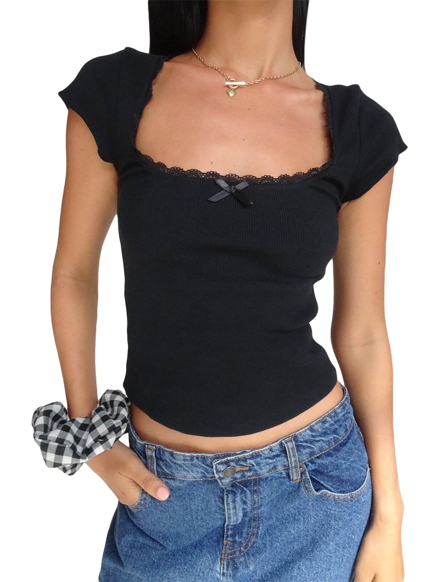 Cathery Women Y2k Fairy Grunge T Shirt Short Sleeve Square Neck Lace