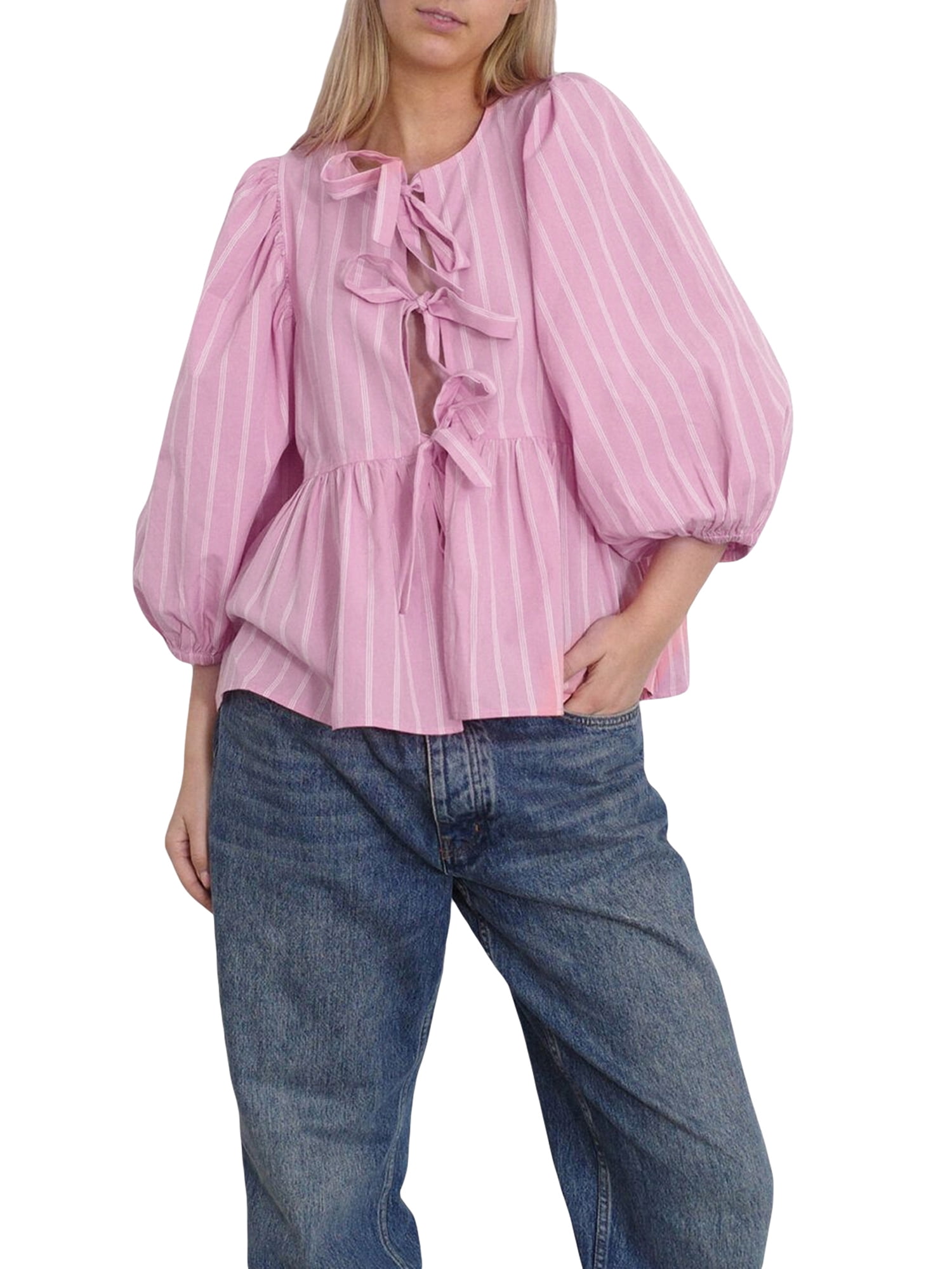 Cathery Women’s Bow Tie Front Tops Puff Sleeve Striped Babydoll Ruffle Shirts Summer Lace Up ...