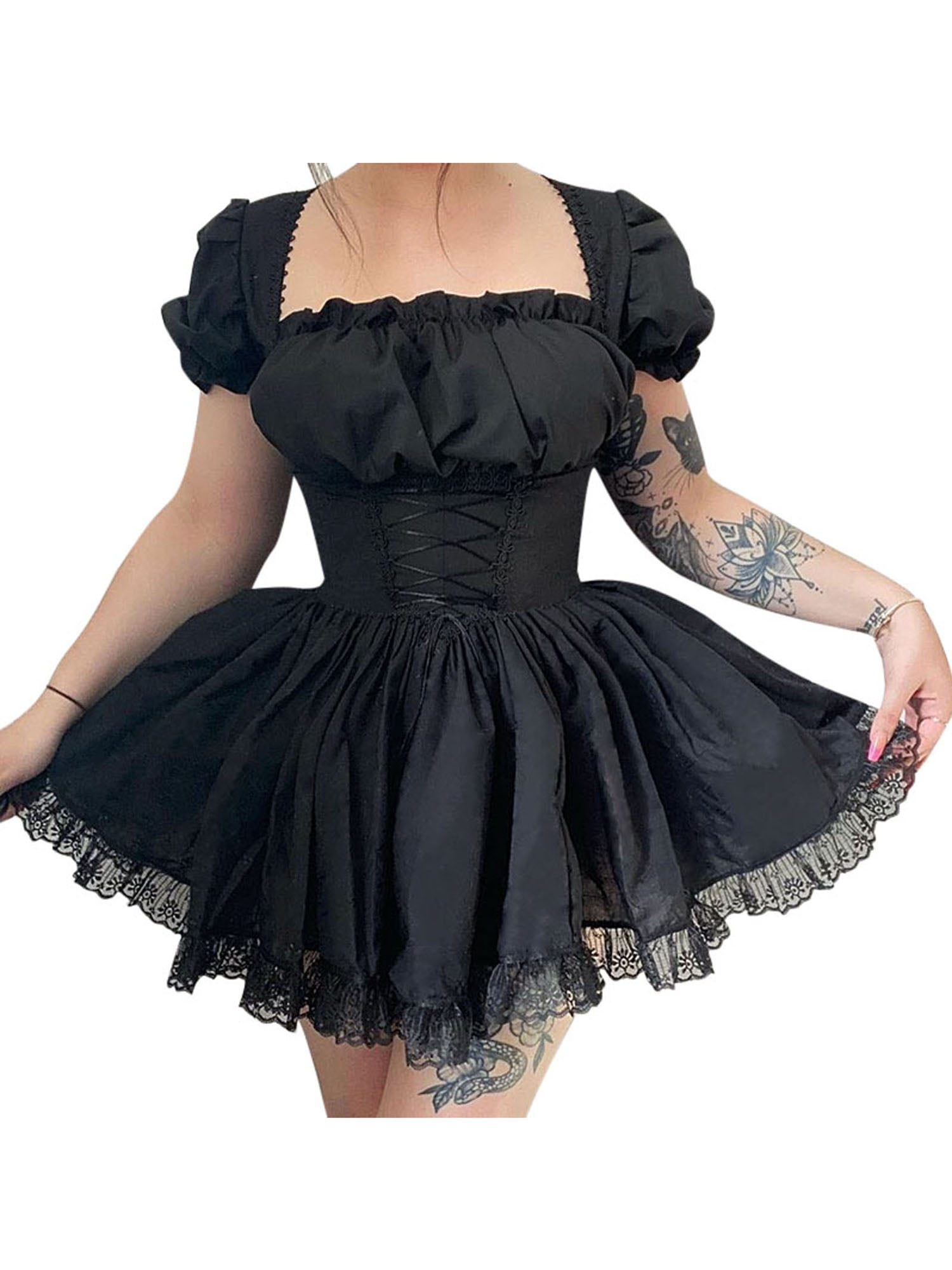 Cathery Women's Gothic Lolita Mini Dresses Vintage Punk Puff Sleeve A ...