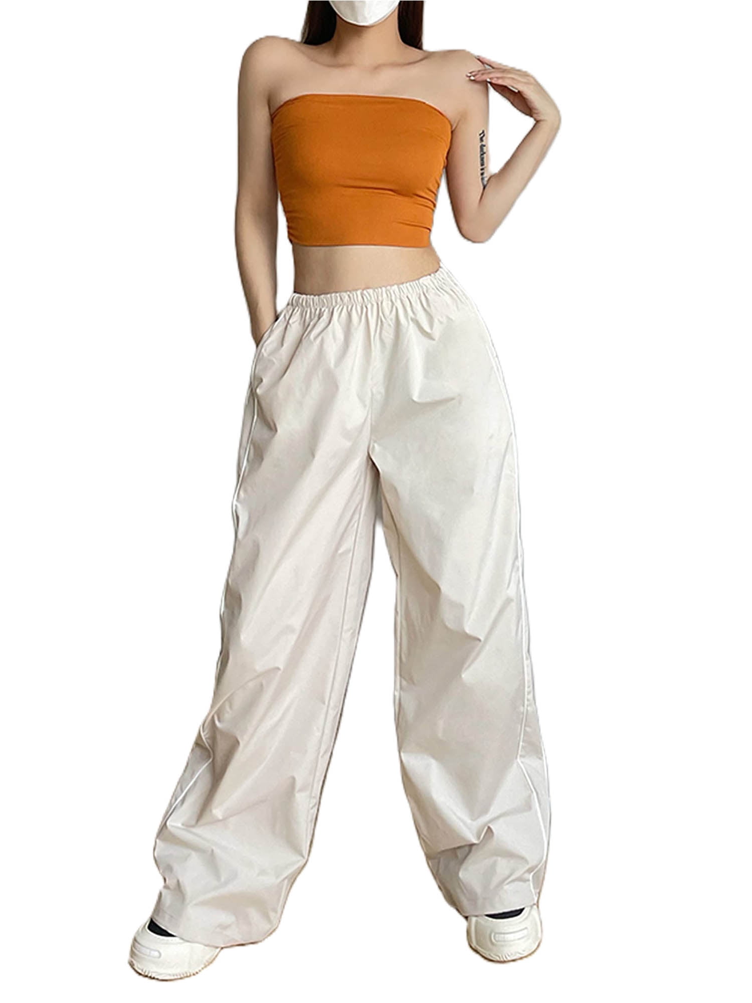 Cathery Womens Parachute Pants Cargo Trousers Elastic Waist Wide Leg