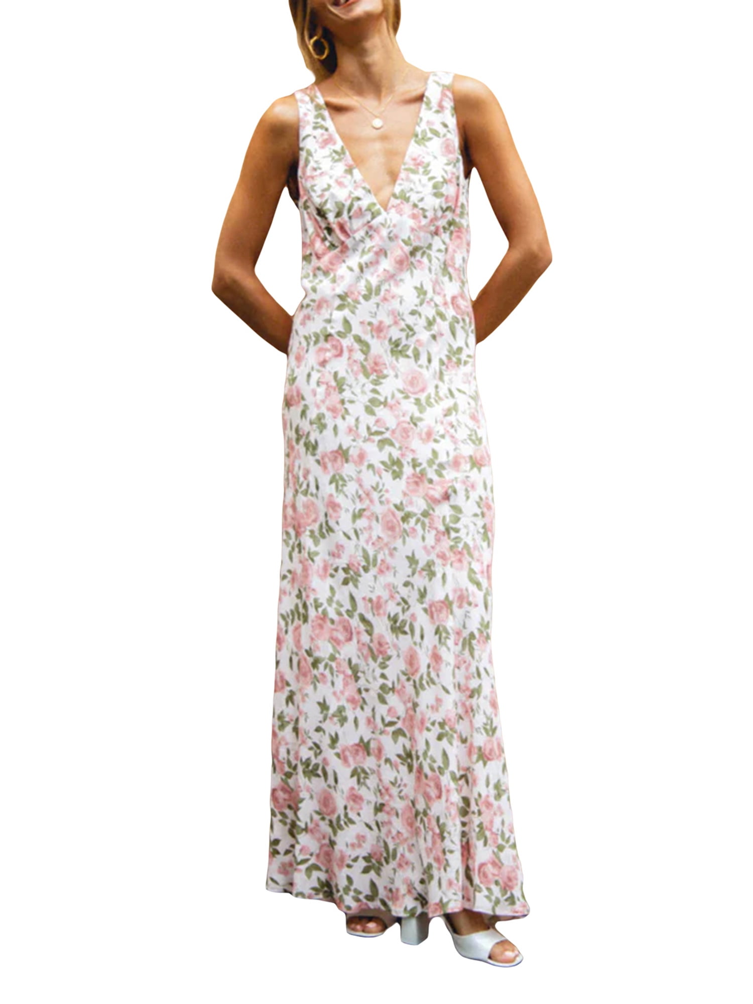 Cathery Women's Sleeveless Floral Deep V Neck Long Dress Backless Strap ...
