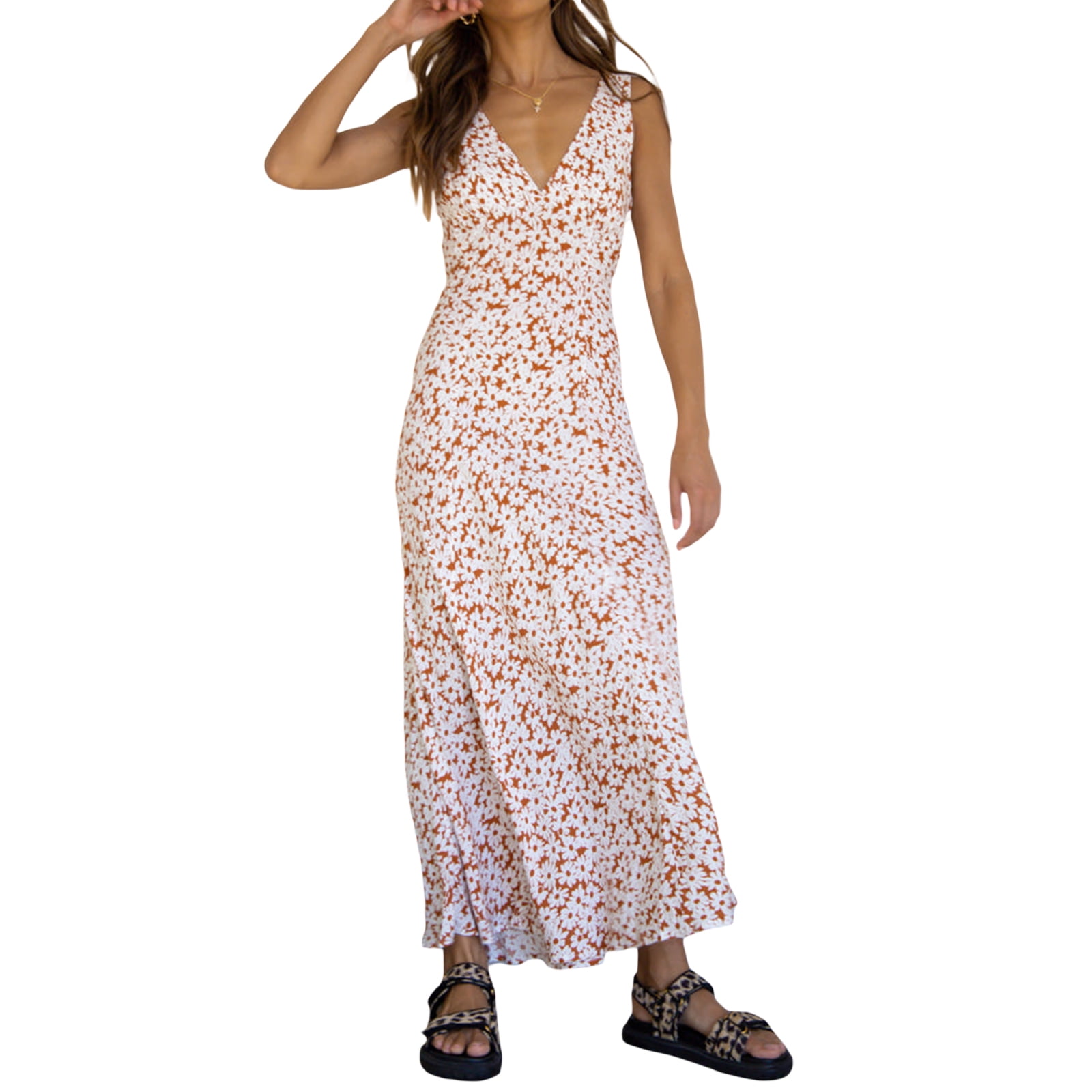 Cathery Women’s Summer Floral Midi Dress Bohemian Deep V Neck Long ...