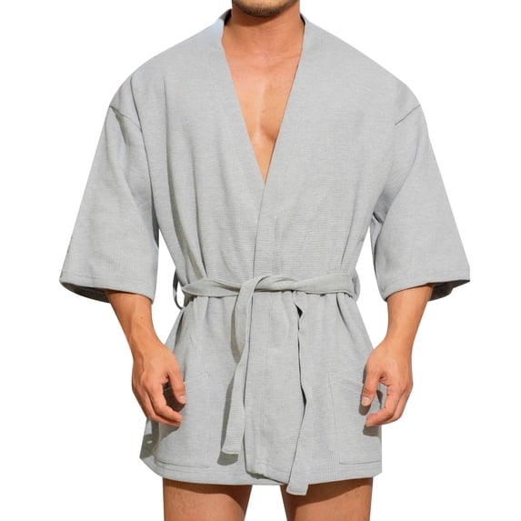 Cathoe Men's Cotton Robe Short Lightweight with Pockets, 3/4 Sleeves ...