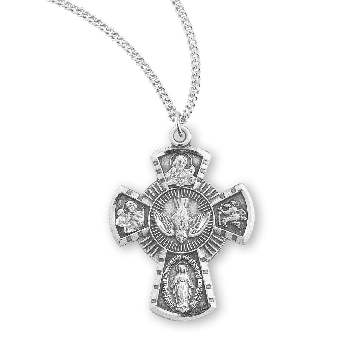 Catholic 4-Way Medal Cross Cruciform Pendant with Miraculous Medal, St ...