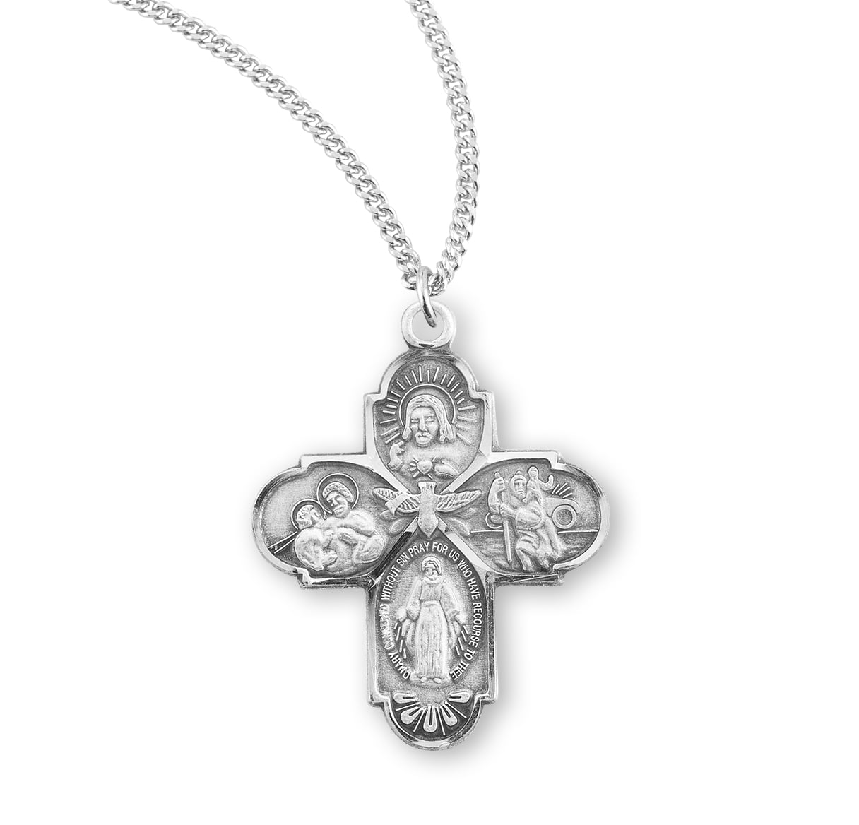Catholic 4-Way Medal Cross Cruciform Pendant with Miraculous Medal, St ...