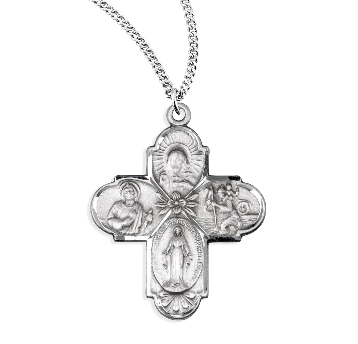 Catholic 4-Way Medal Cross Cruciform Pendant with Miraculous Medal, St ...