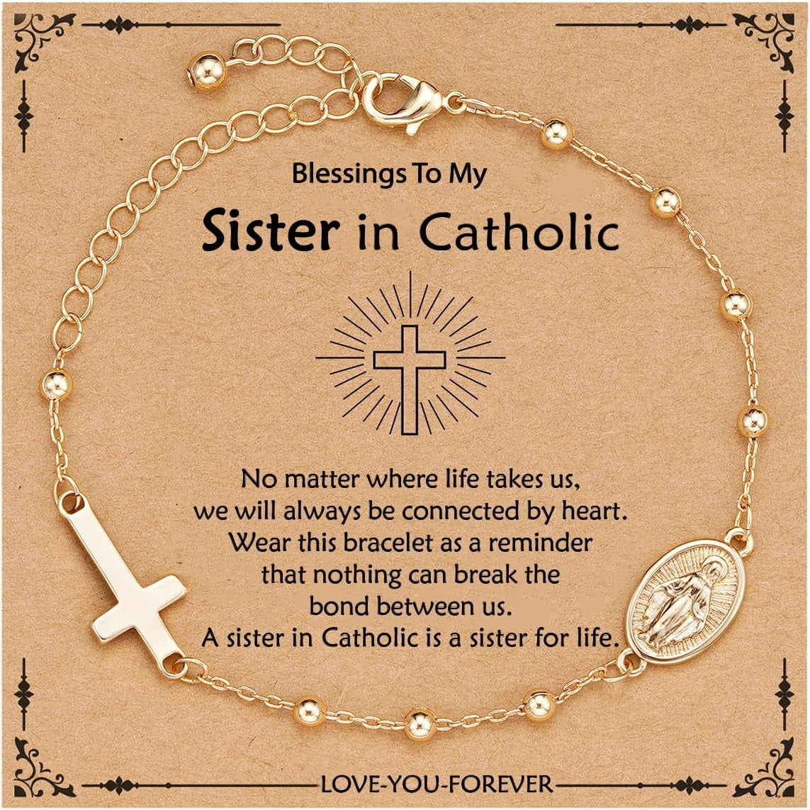 Catholic Bracelet Gifts for Women Girls, Virgin Mary Cross Charm Link ...