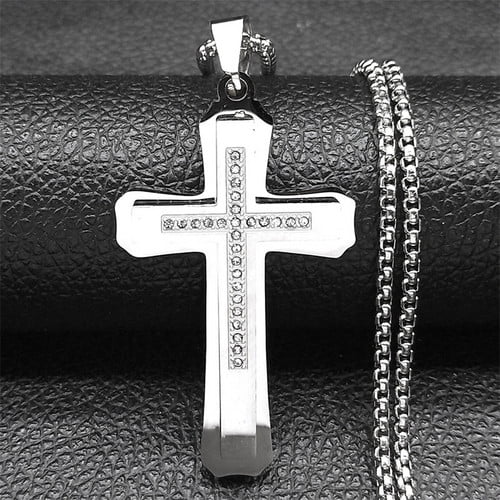 Catholic Cross Amulet Crystal Pendant Men Chain Necklace 14K White Gold ...