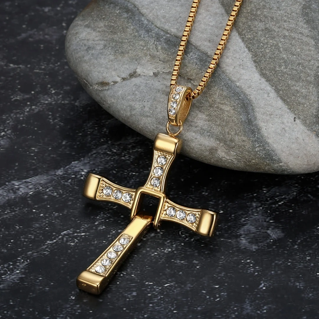 Catholic Cross Amulet Crystal Pendant Men Chain Necklace 14K White Gold ...
