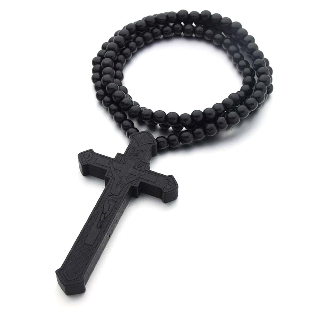 Catholic Cross Necklace Wooden Beads Rosary Religious Jesus Carved ...